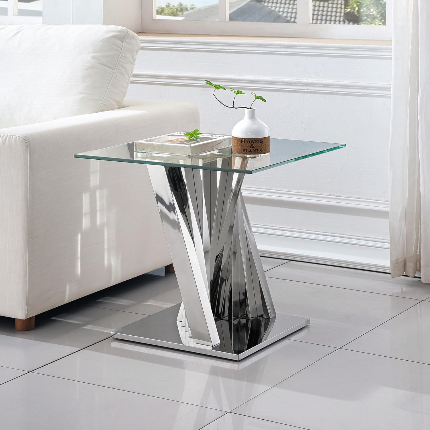 OIKMOINB Silver Glass End Table Modern Square Sofa Side Coffee Table ...