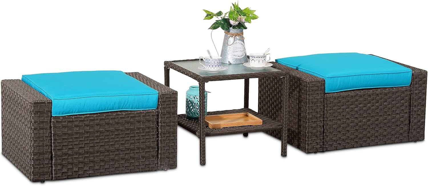 OIKMOINB Small Patio Furniture Set with Glass Coffee Table PE Rattan ...
