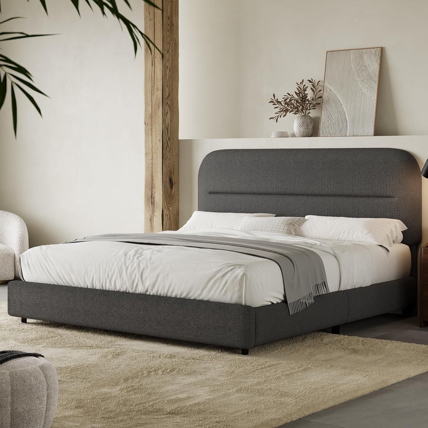 OIKMOINB Twin Bed Frame Boucle Twin Bed Frame with Headboard Soft Bed ...