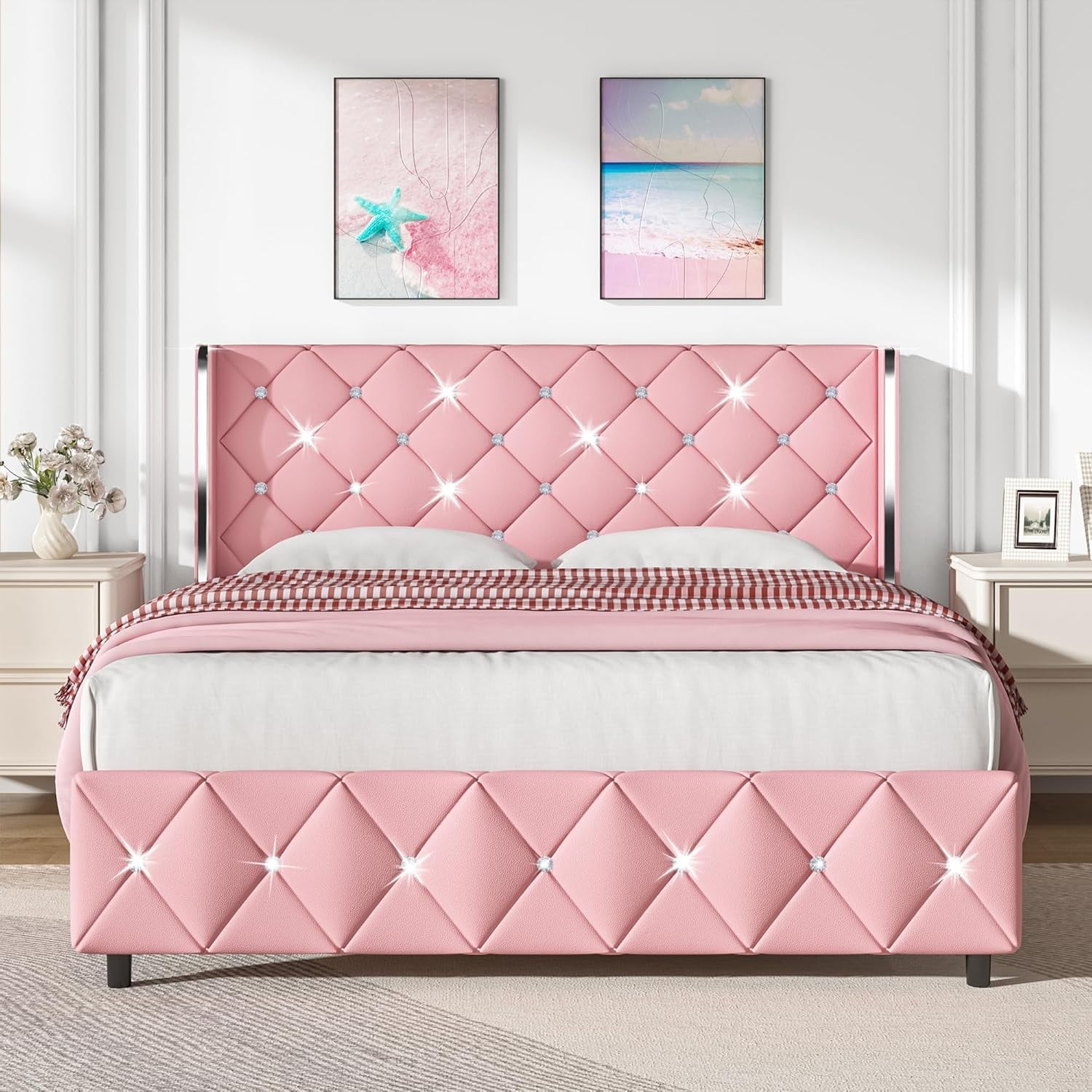 OIKMOINB Twin Bed Frame Velvet Bed Frame with Diamond Tufted Headboard ...