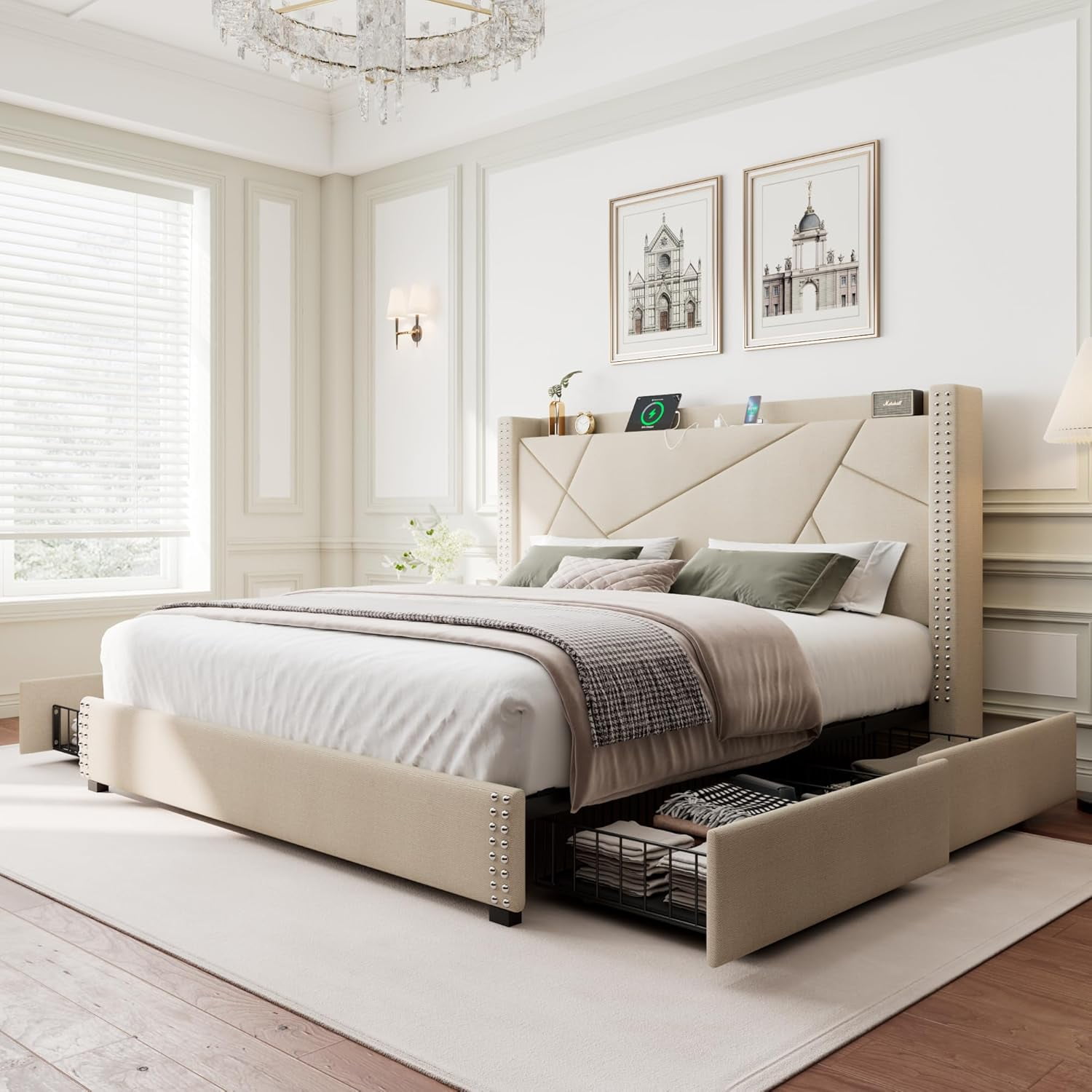 OIKMOINB Twin Storage Bed Frame with 4 Drawers Upholstered Bed Frame ...