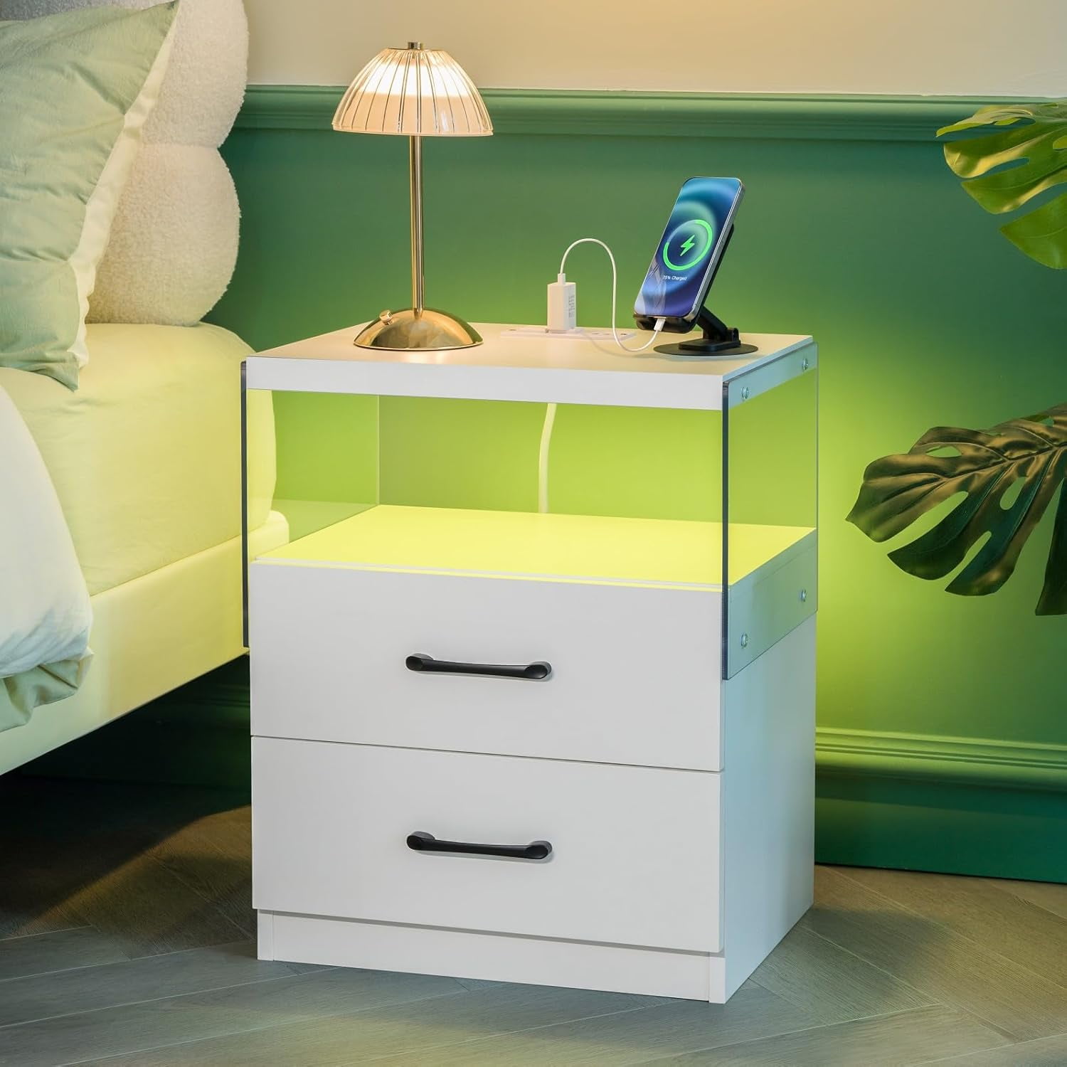 White Nightstand LED Night Stand with Charging Station 2 Drawer Night ...