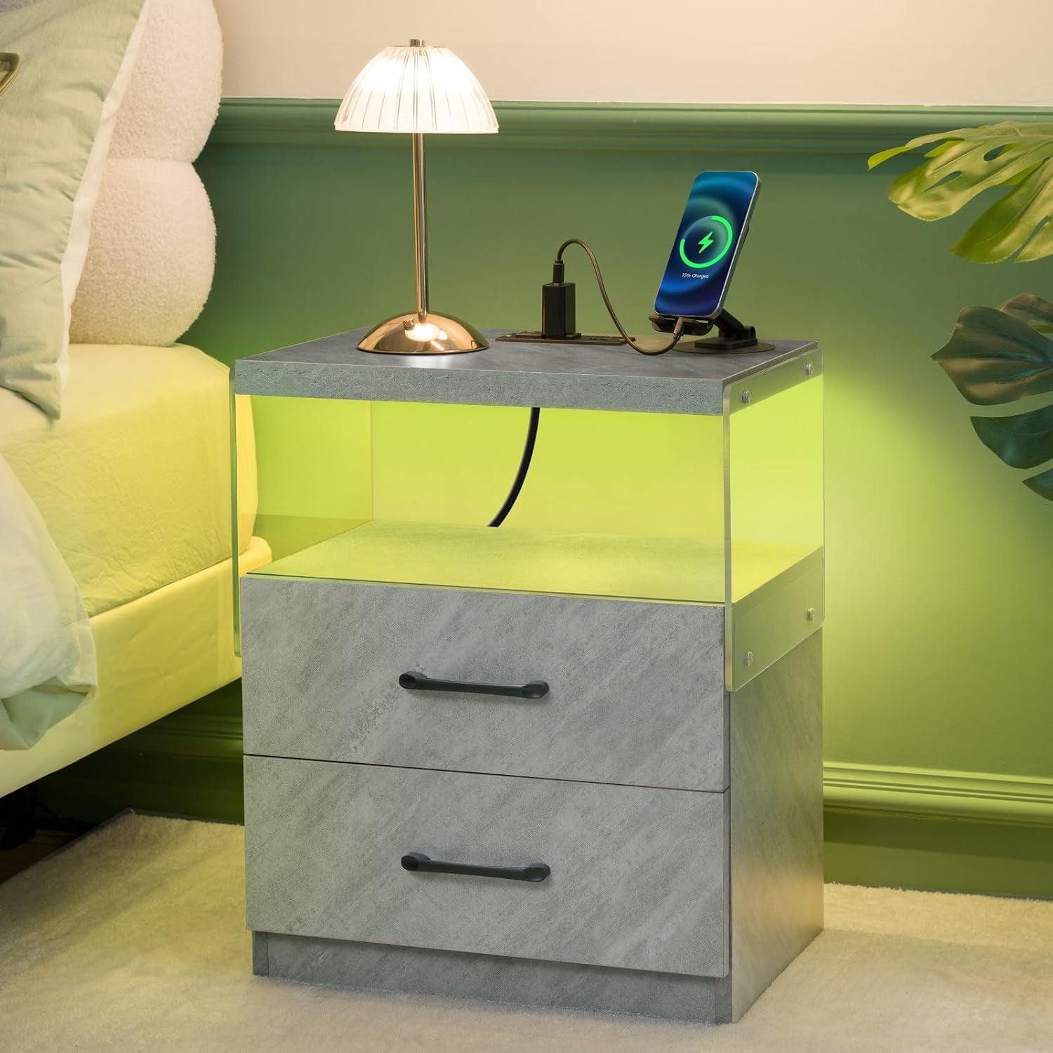 OIKMOINB White Nightstand LED Night Stand with Charging Station 2 ...