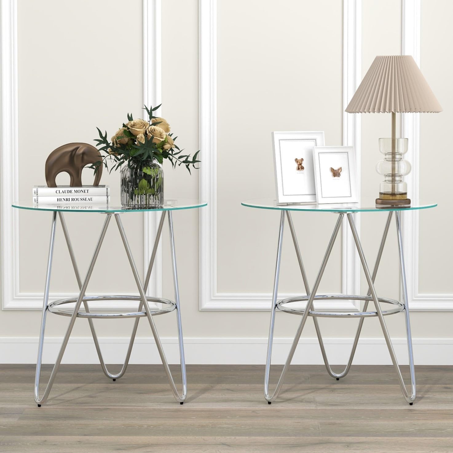 OIOG Glass Side Table Set of 2, Modern Nightstand with Storage, Round ...