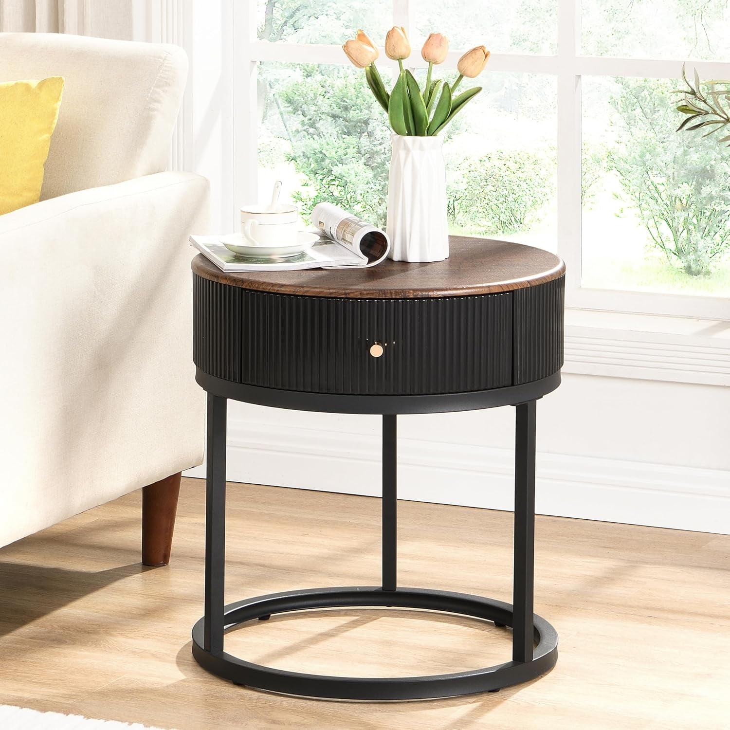 OIOG Round Nightstand with Drawer, Modern Side Table, Black End Table ...