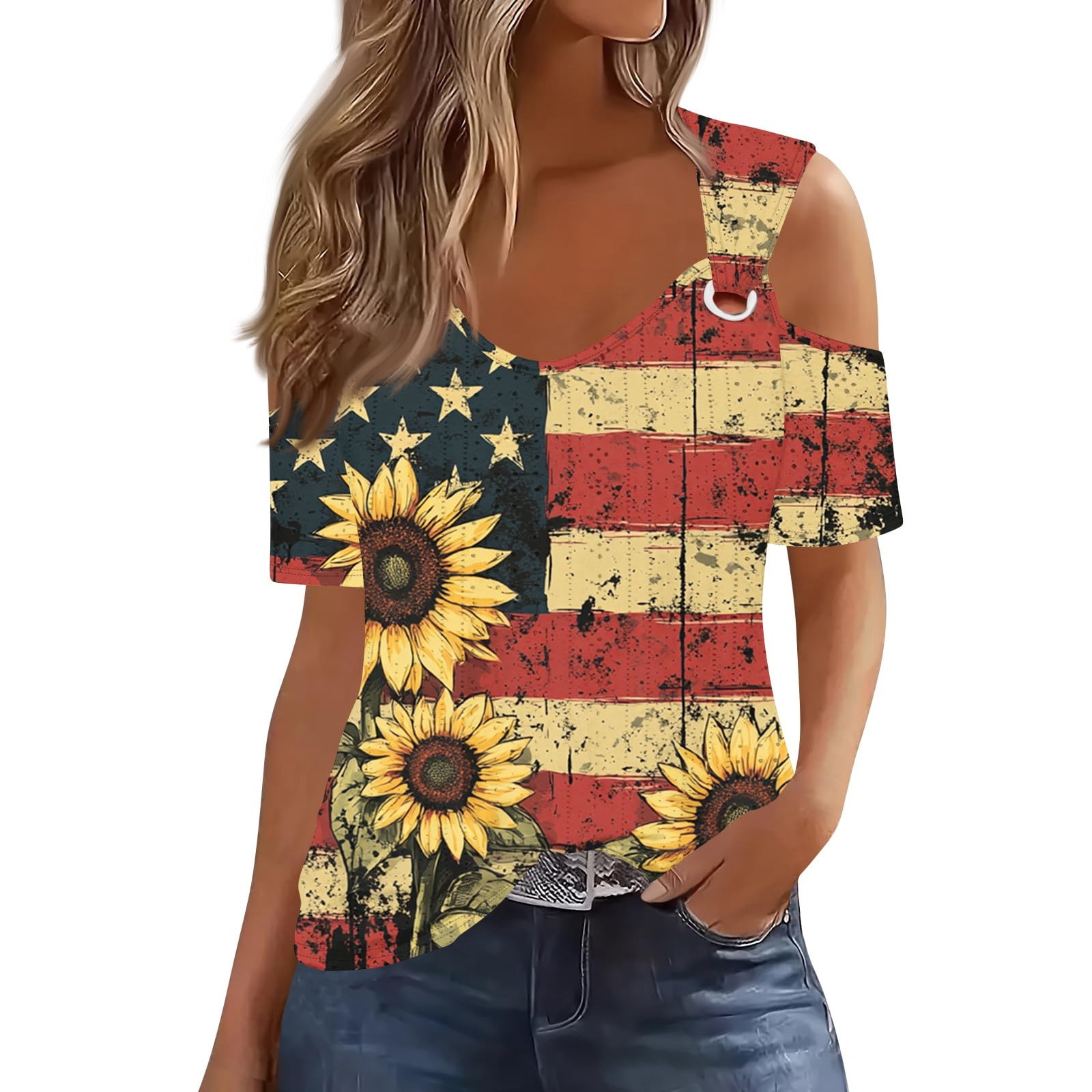 OIOLOYJM Cold Shoulder Tops for Women 4th Of July Usa Flag Trendy ...
