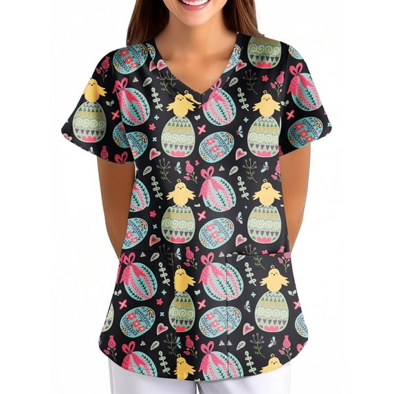 OIOLOYJM Easter Scrub Tops Women Funny Stretch Bunny Eggs Graphic Tops ...