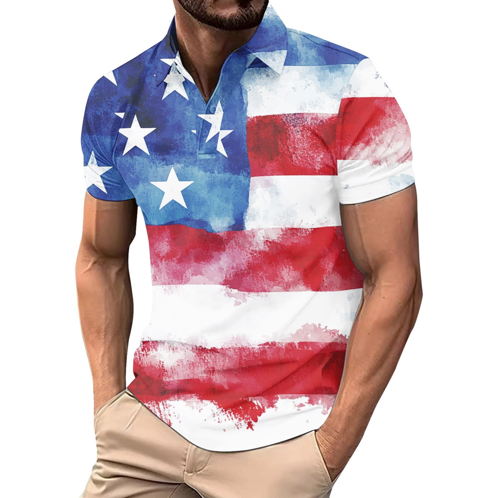 OIOLOYJM Mens American Flag Polo Shirts Independence Day Button Down ...