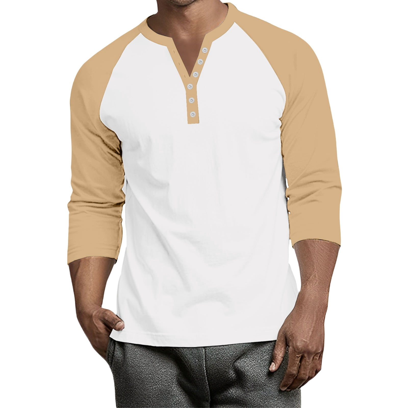 OIOLOYJM Mens Summer Shirts Contrast Raglan 3/4 Length Sleeve Dad Shirt ...