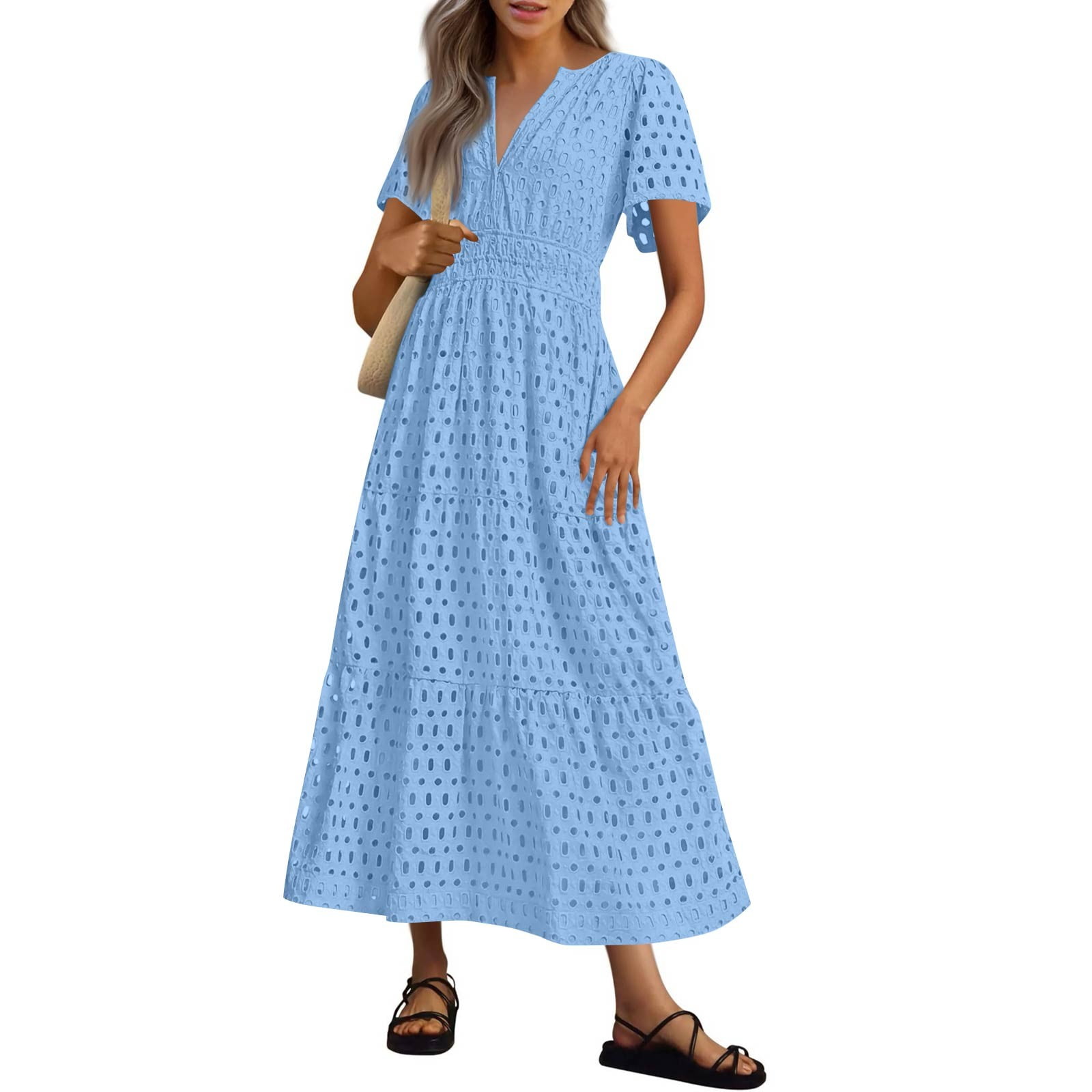 OIOLOYJM Spring Maxi Dresses For Women 2025 Trendy Eyelet Flowy Swing ...