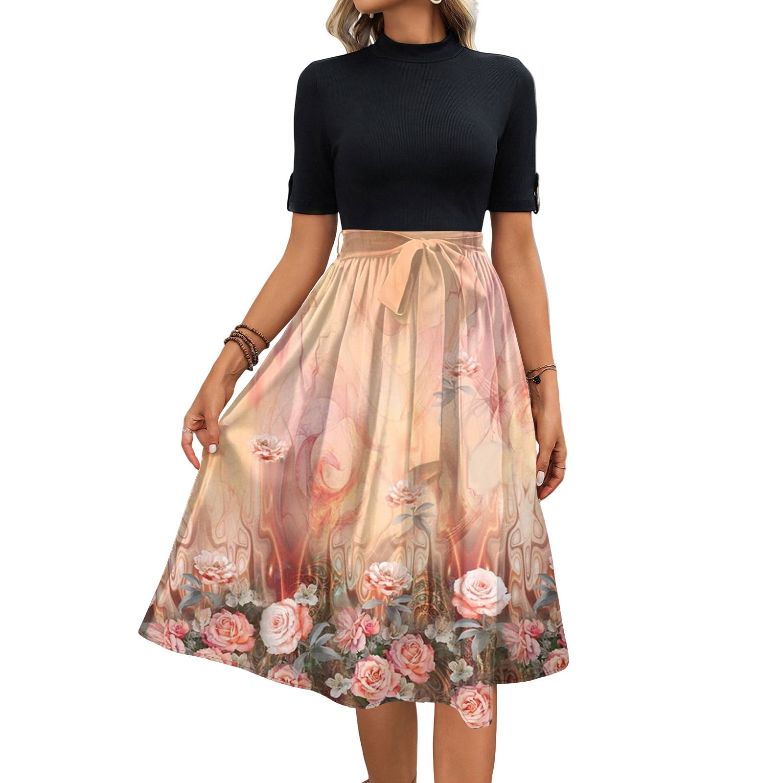 OIOLOYJM Summer Midi Dresses for Women Short Sleeve Empire Waist ...