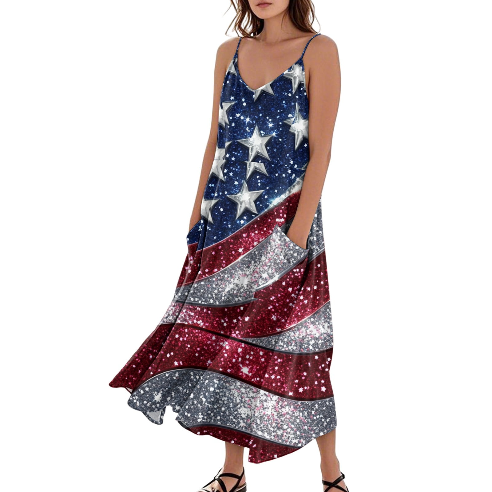 OIOLOYJM Women's Independence Day Dress Usa Flag Sleeveless Spaghetti ...