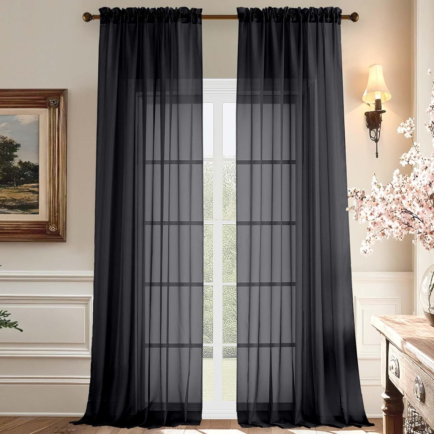 OJGNBML-108 Inch Black Sheer Window Curtains for Farmhouse, Rod Pocket ...