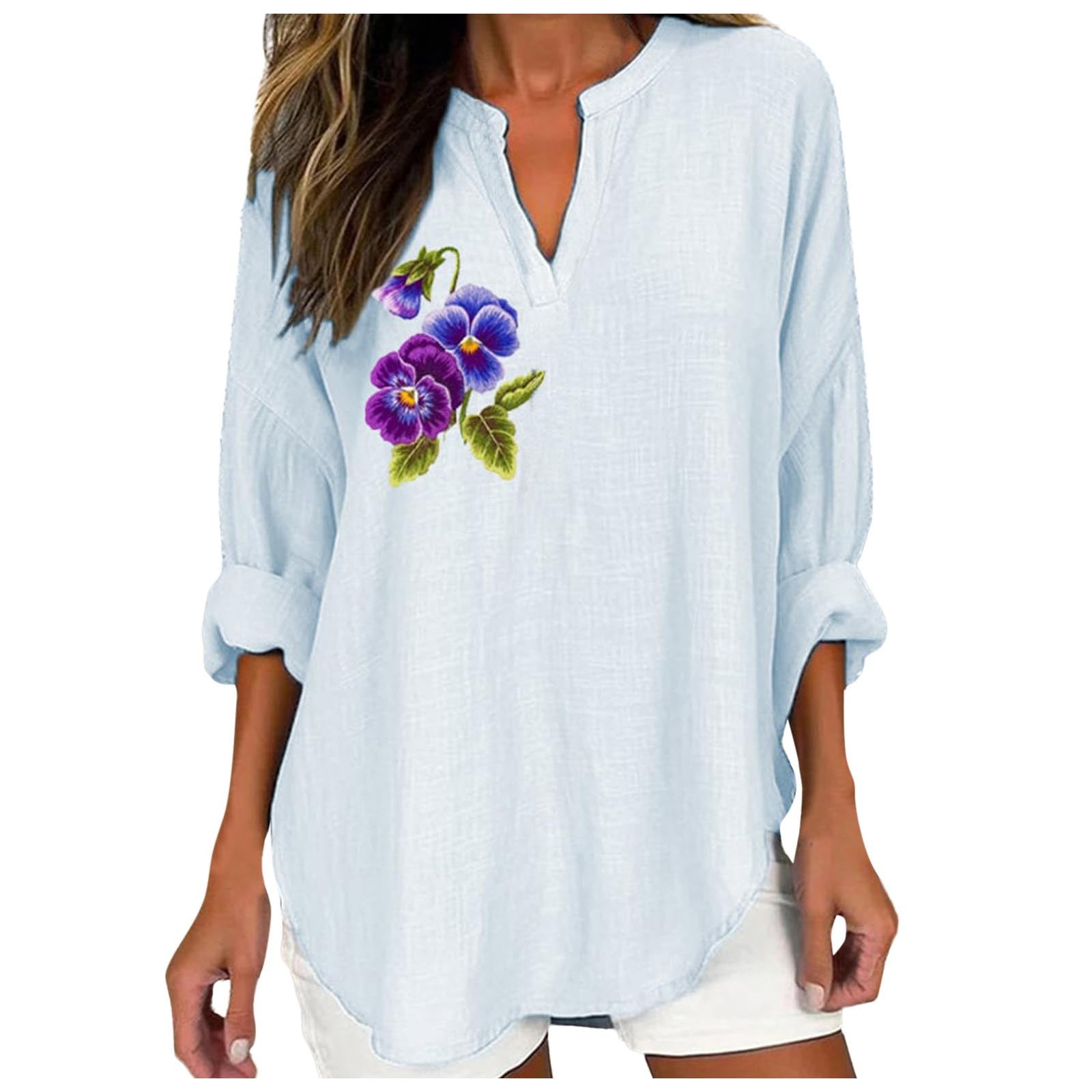 OJSFQUFP Blouses Women Light Blue Women Linen Button Down Shirt ...