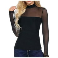 Funicet Women's Long Sleeve See Through Mesh Sheer Solid Top Blouse ...