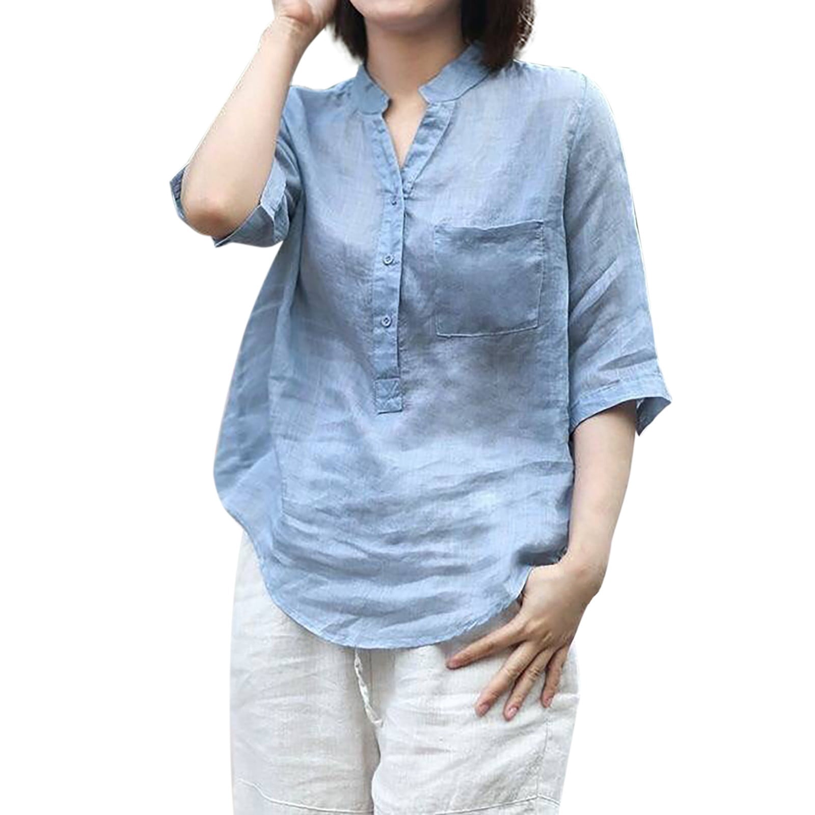 OJSFQUFP Cute Work Tops for Women Light Blue Retro Art V Neck Shirt ...
