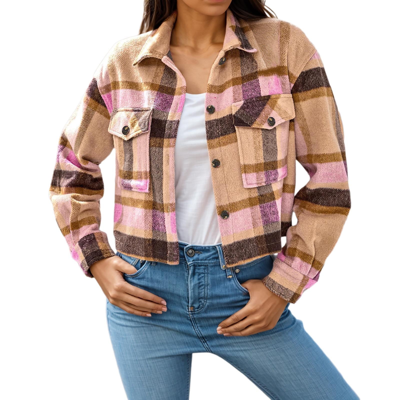 OJSFQUFP Fall Jacket Pink Fashionable Women's Casual Plaid Button Long ...