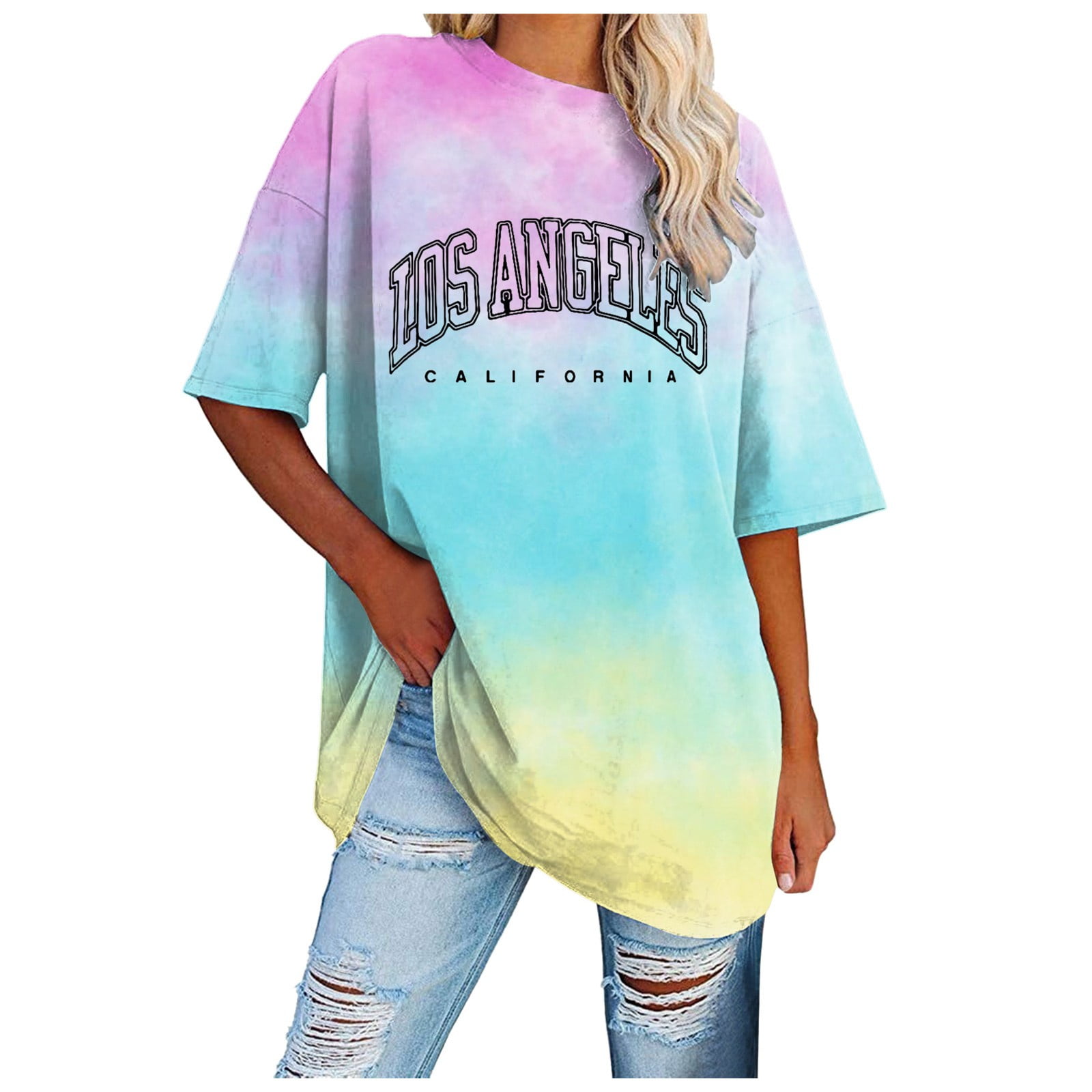 OJSFQUFP Formal Shirts for Women Sky Blue Women Half Sleeve Oversized T Shirt Letter Print Round ...