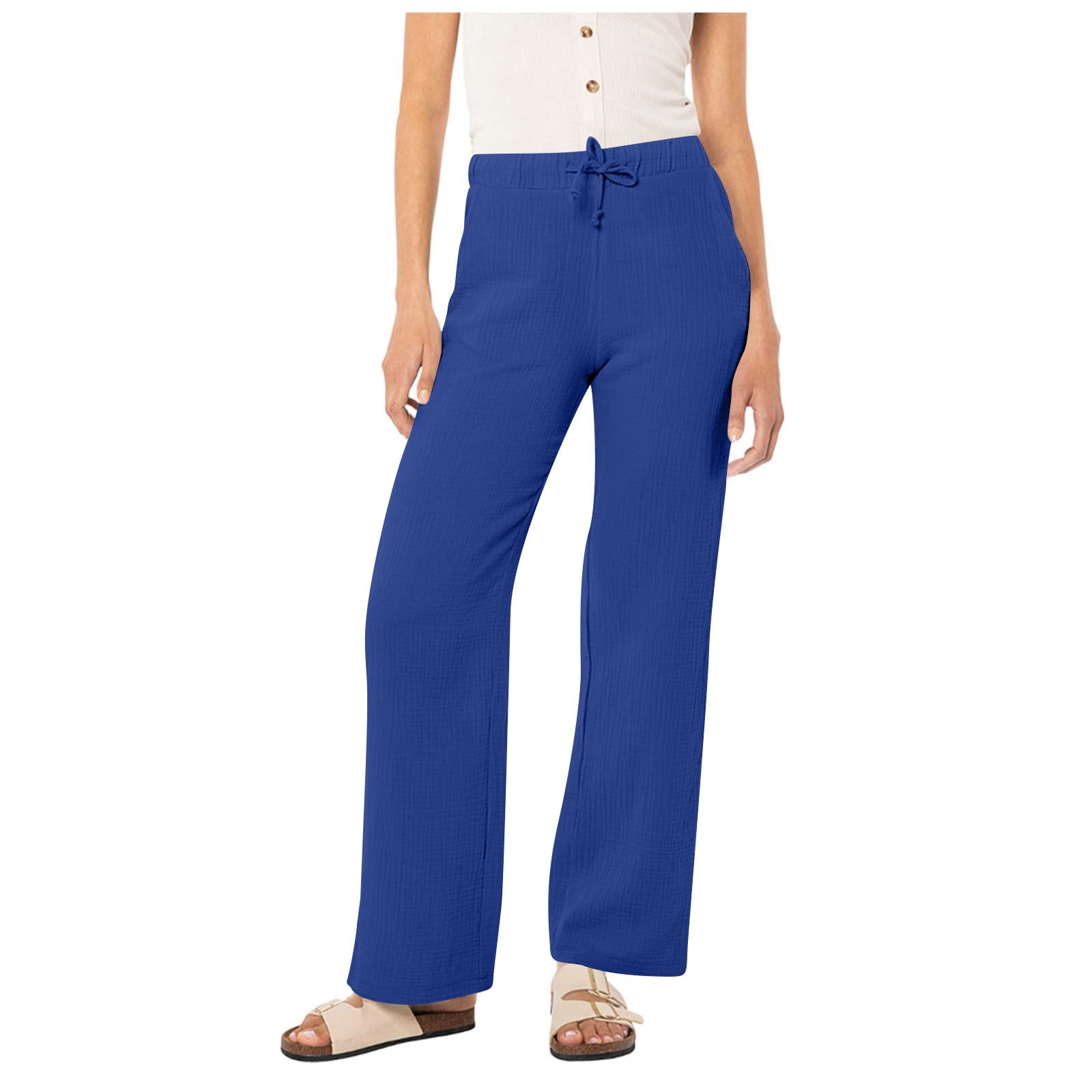 OJSFQUFP Loose Pants for Women Navy Women's Solid Color Simple Waist ...