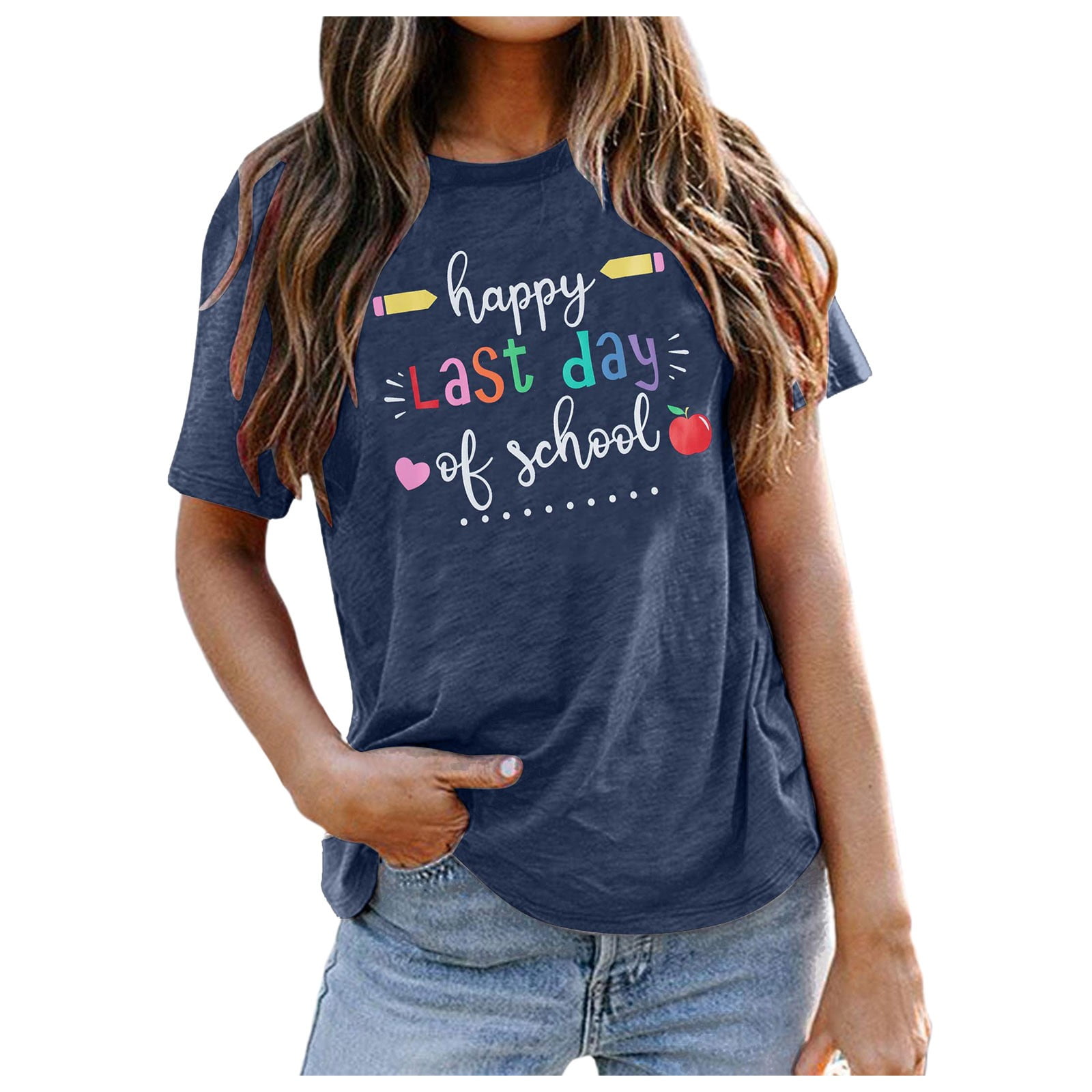 OJSFQUFP Spring Blouse Navy Happy Last Day Of School Shirt Women ...