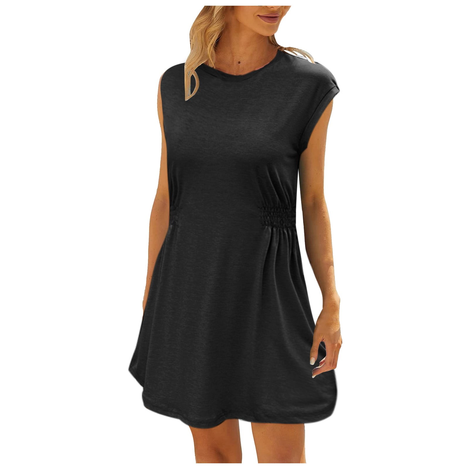 OJSFQUFP Summer Dresses for Women Black Womens Summer Mini Dress Solid ...