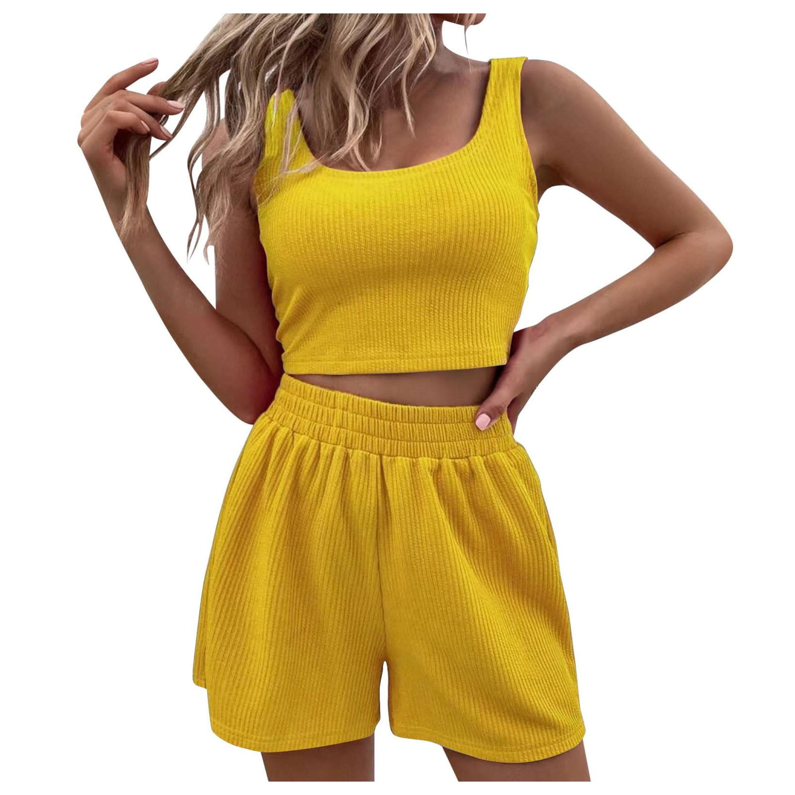 OJSFQUFP Resort Wear for Women Trendy Yellow Two Piece Outfits Women ...