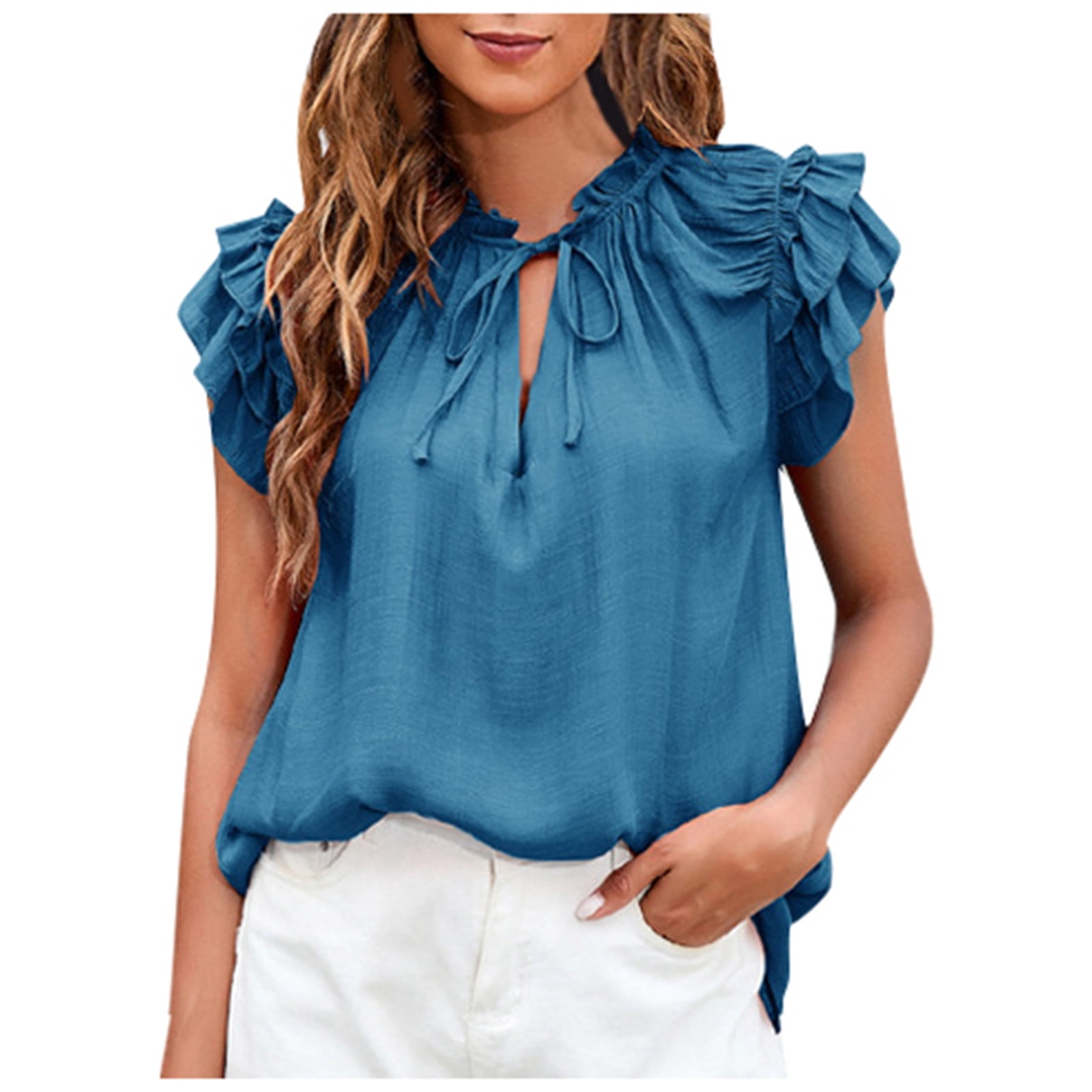 OJSFQUFP Tshirts Shirts for Women Blue New Summer Loose Solid Color ...