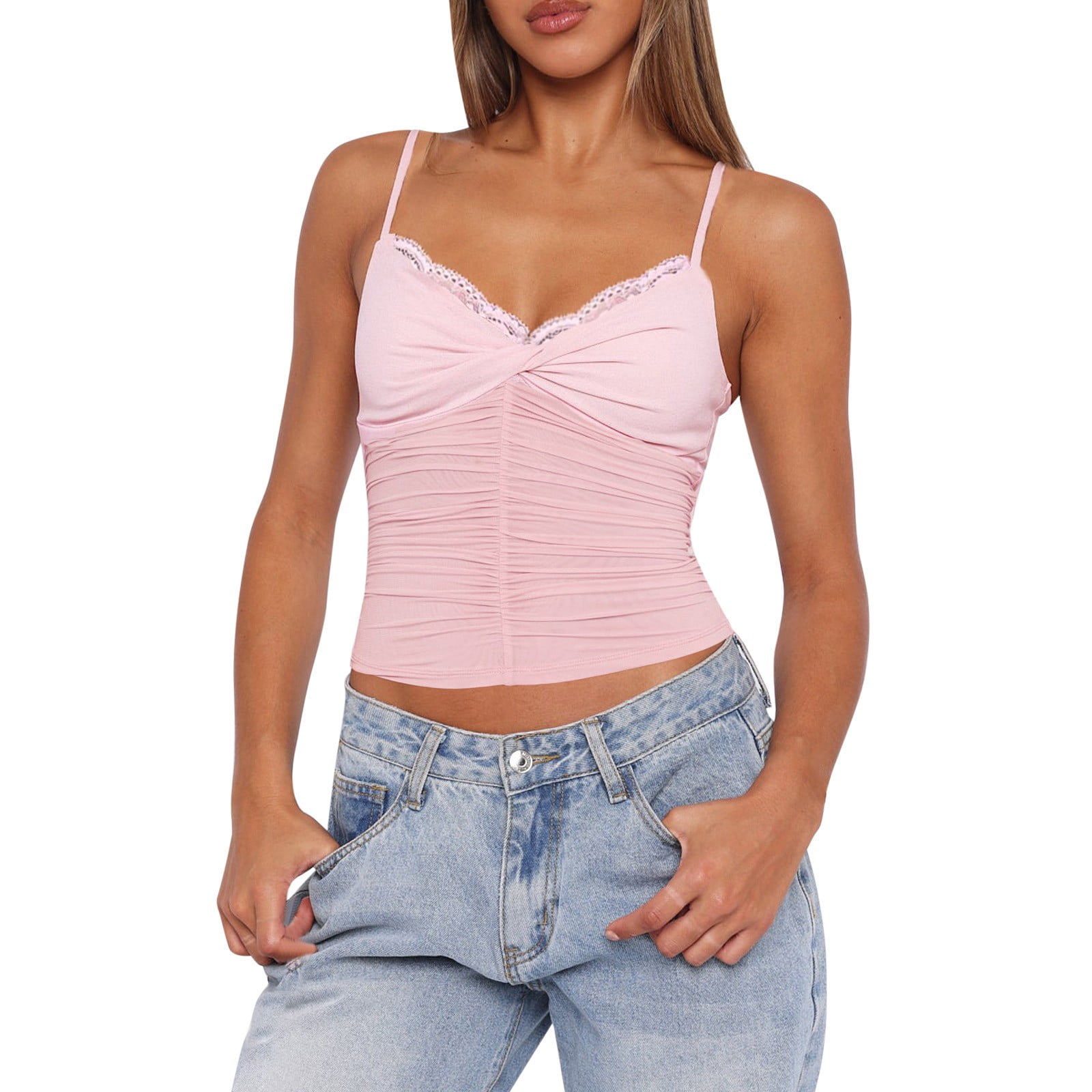 OJSFQUFP Womans Blouses Red Women's Spaghetti Strap Tank Top Sexy Camisole Lace Trim Backless ...