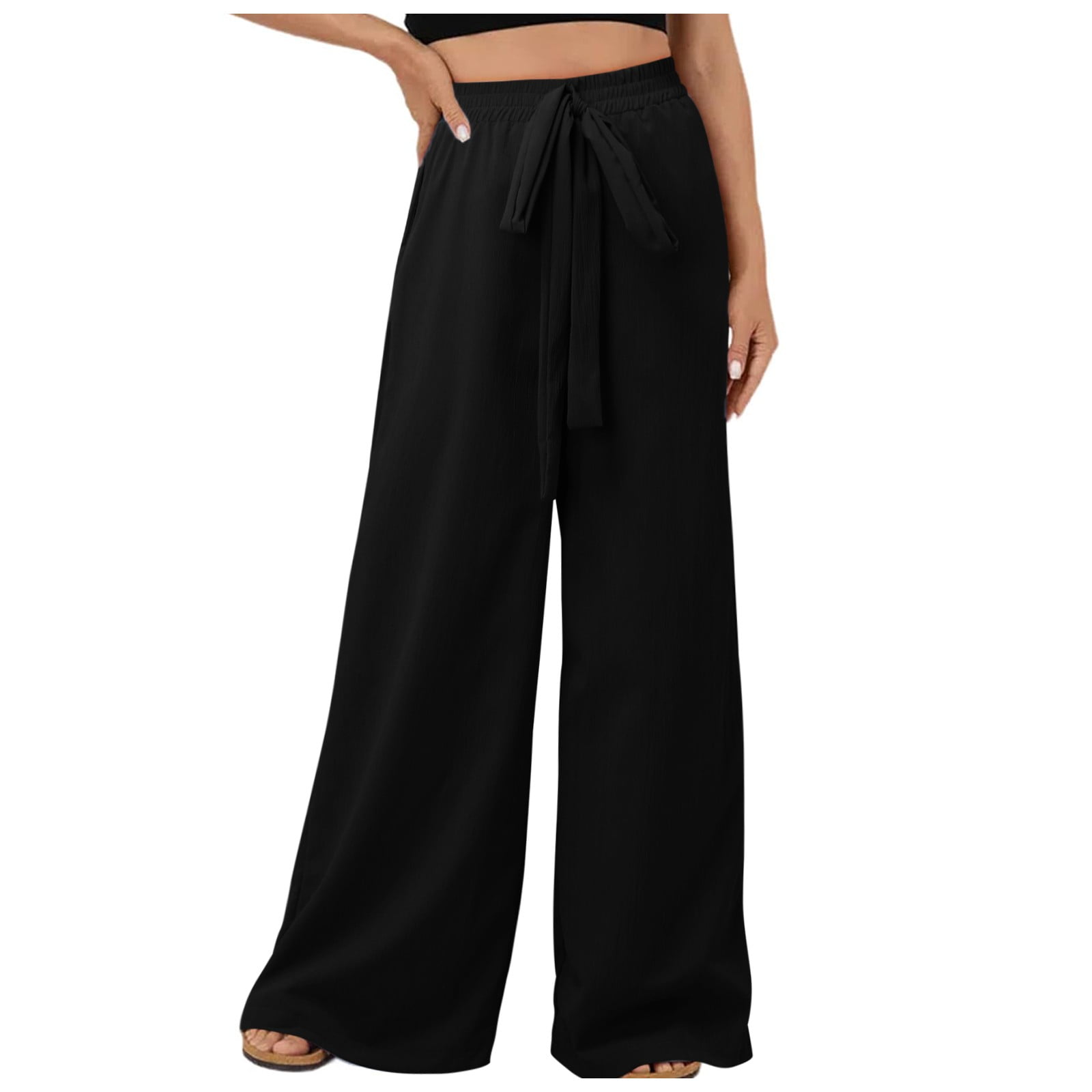 OJSFQUFP Women Clothes Black Womens Elastic High Waist Wide Leg Pants ...