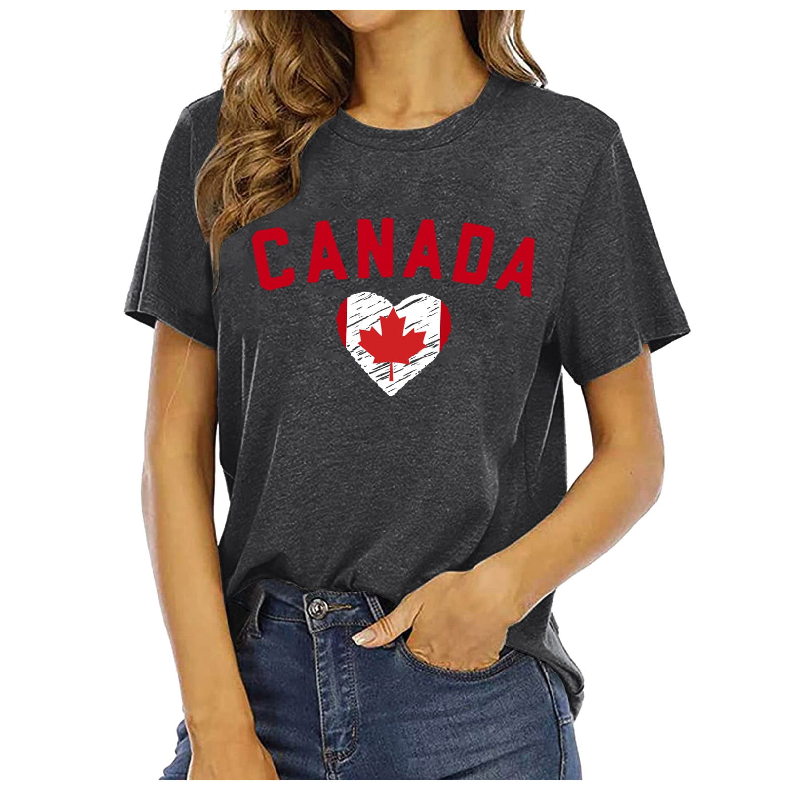 OJSFQUFP Women’S Blouses Dark Gray Womens Canada Day Shirts Canada Flag Graphic Tshirt Canadian ...