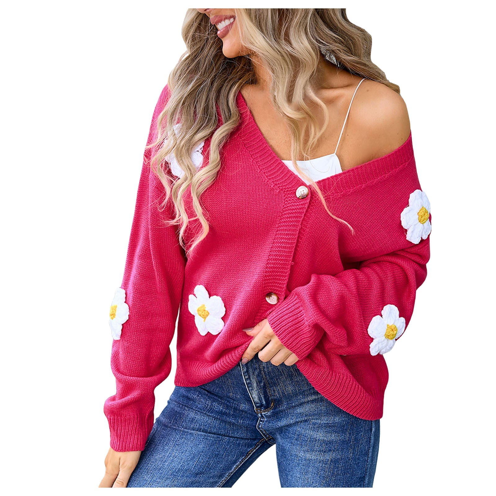 OJSFQUFP Women's Floral Applique Open Front Cropped Cardigan Sweater ...