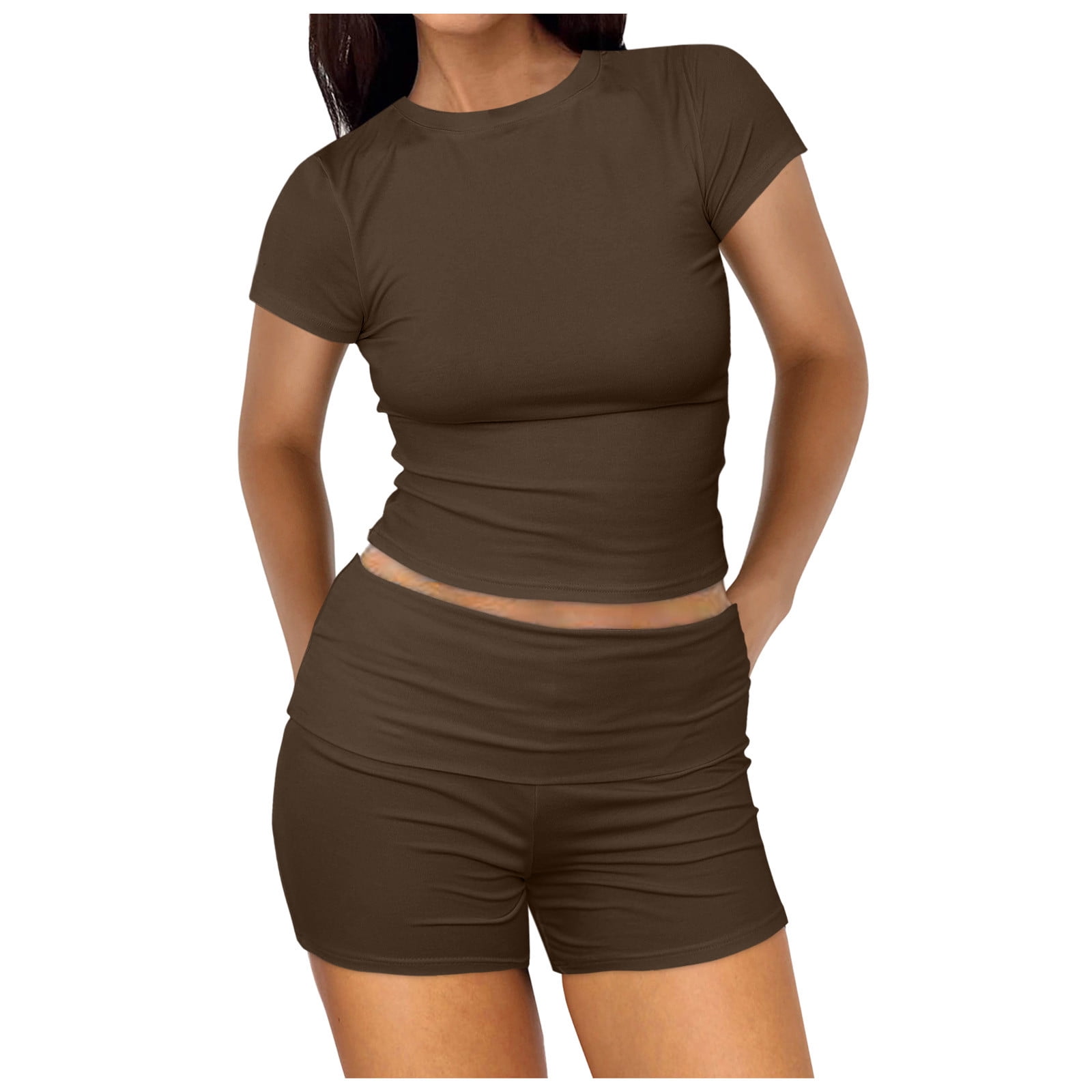 OJSFQUFP Womens Summer Sets Brown Women 2 Piece Casual Suit Pleated ...