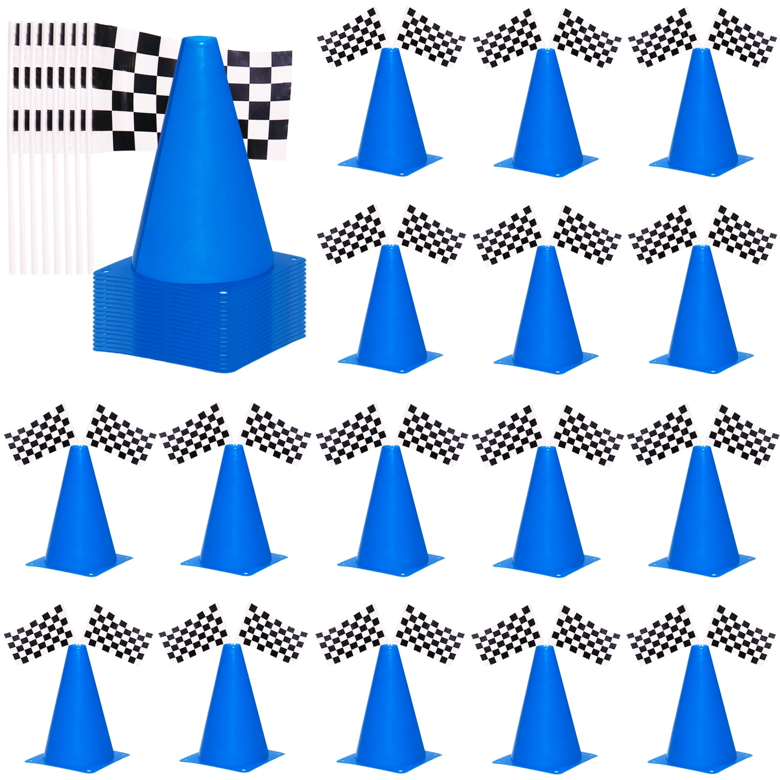 OJYUDD Race Cones and Checkered Flags Party Decoration Kit, Blue, 40 ...