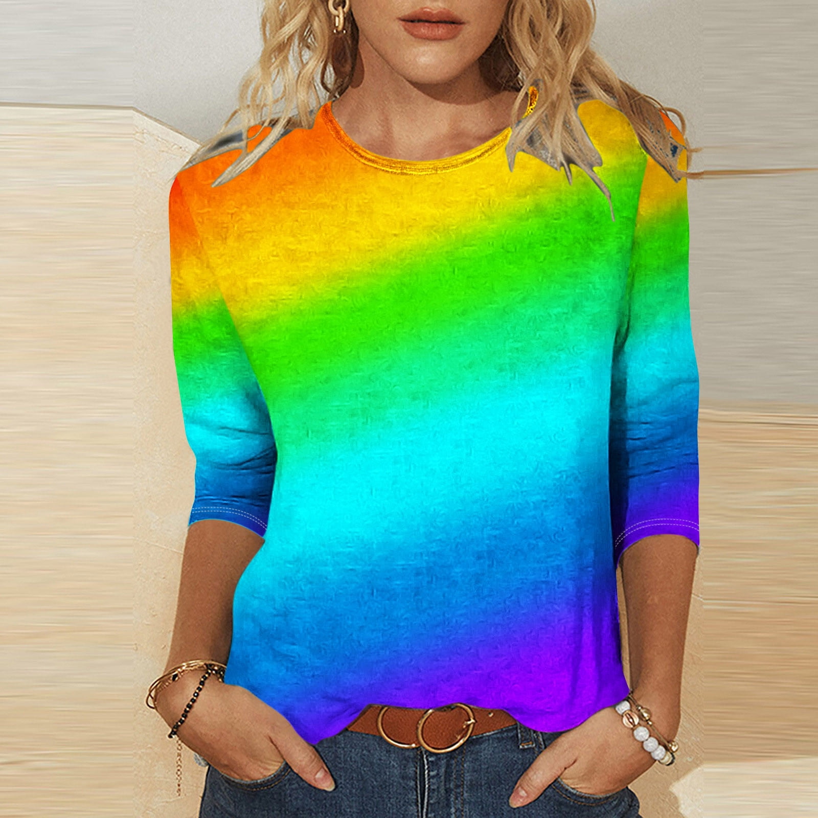 OKBOP 3/4 Sleeve Ladies Tops Plus Size Crew Neck Rainbow T-Shirts T ...