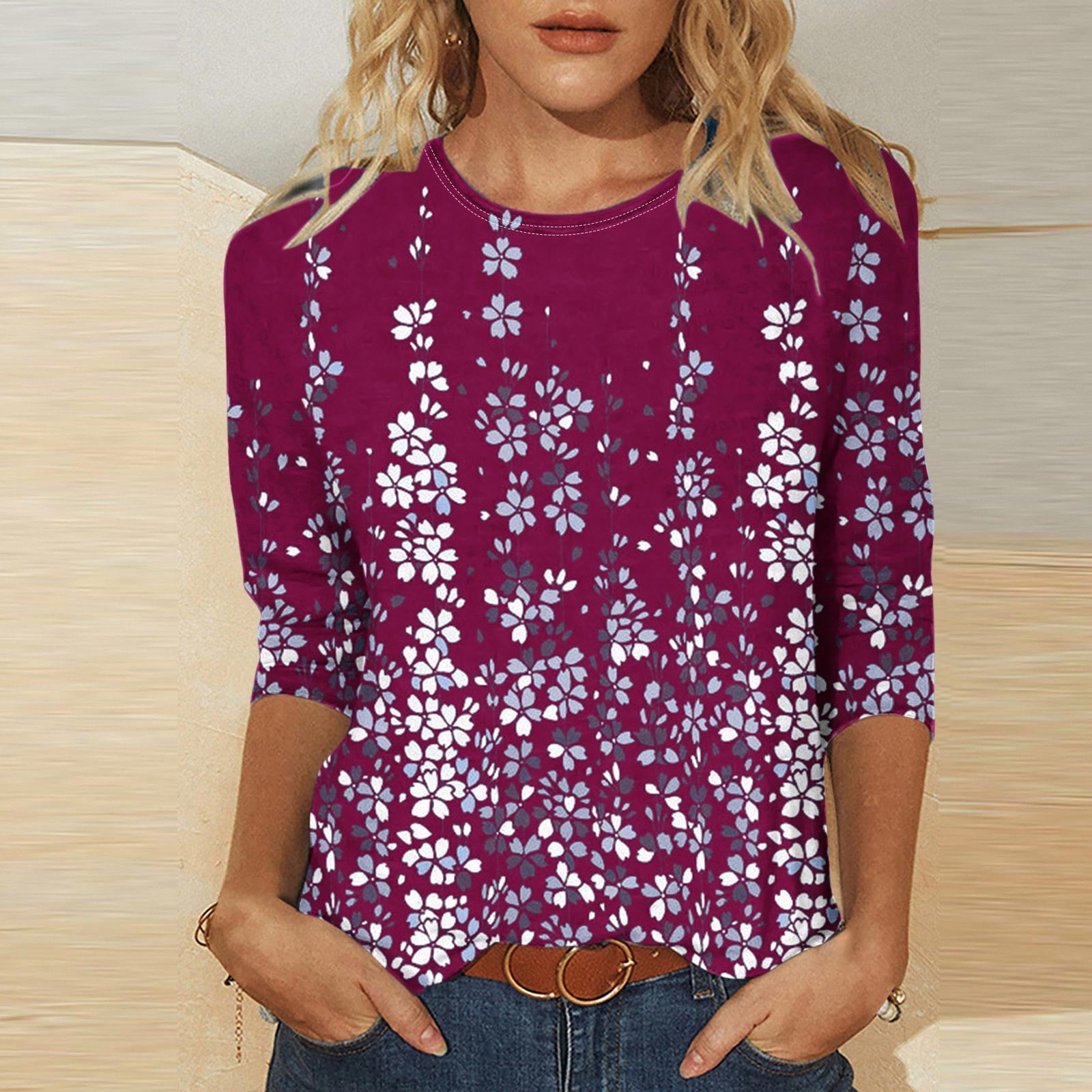OKBOP 3/4 Sleeve Spring Tops for Women 2024 Pink Crew Neck Floral T ...