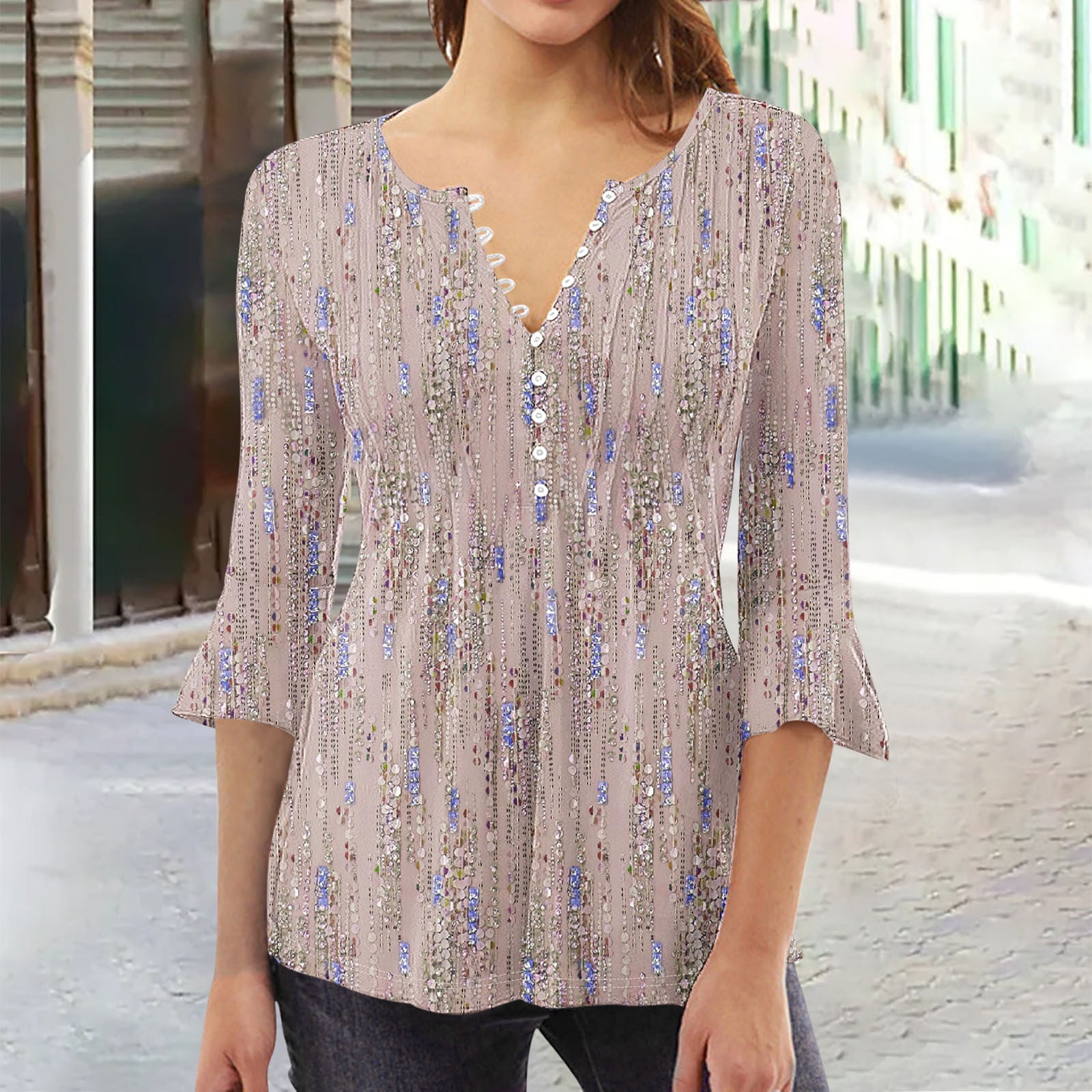 OKBOP 3/4 Sleeve Summer Tops for Women 2024 Yellow Button V-Neck Floral ...