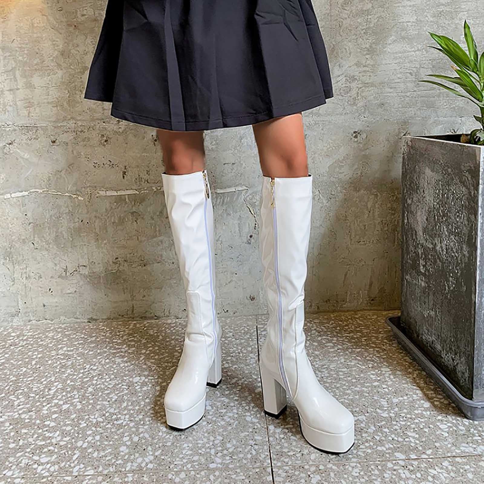 OKBOP High Heels Shoes-Black Knee High Boots Womens Shoes Vintage Mid ...