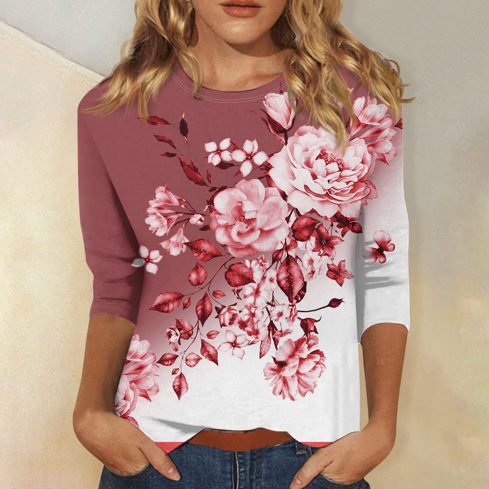 OKBOP Ladies Tops Clearance Red 3/4 Sleeve Crew Neck Floral T-Shirts T ...