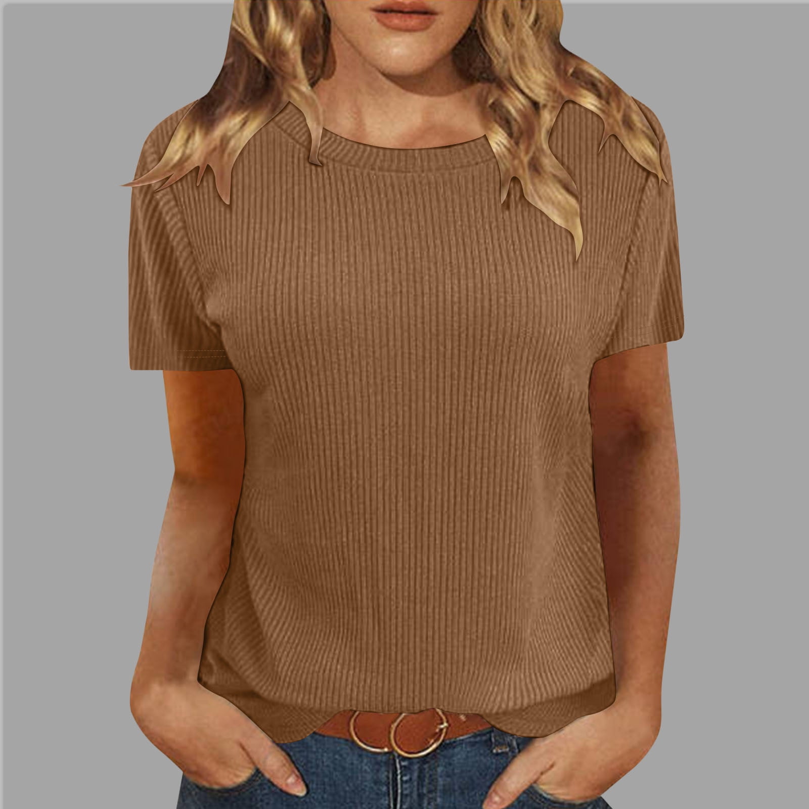 OKBOP Ladies Tops Plus Size Short Sleeve Brown Solid Crew Neck Ribbed T ...