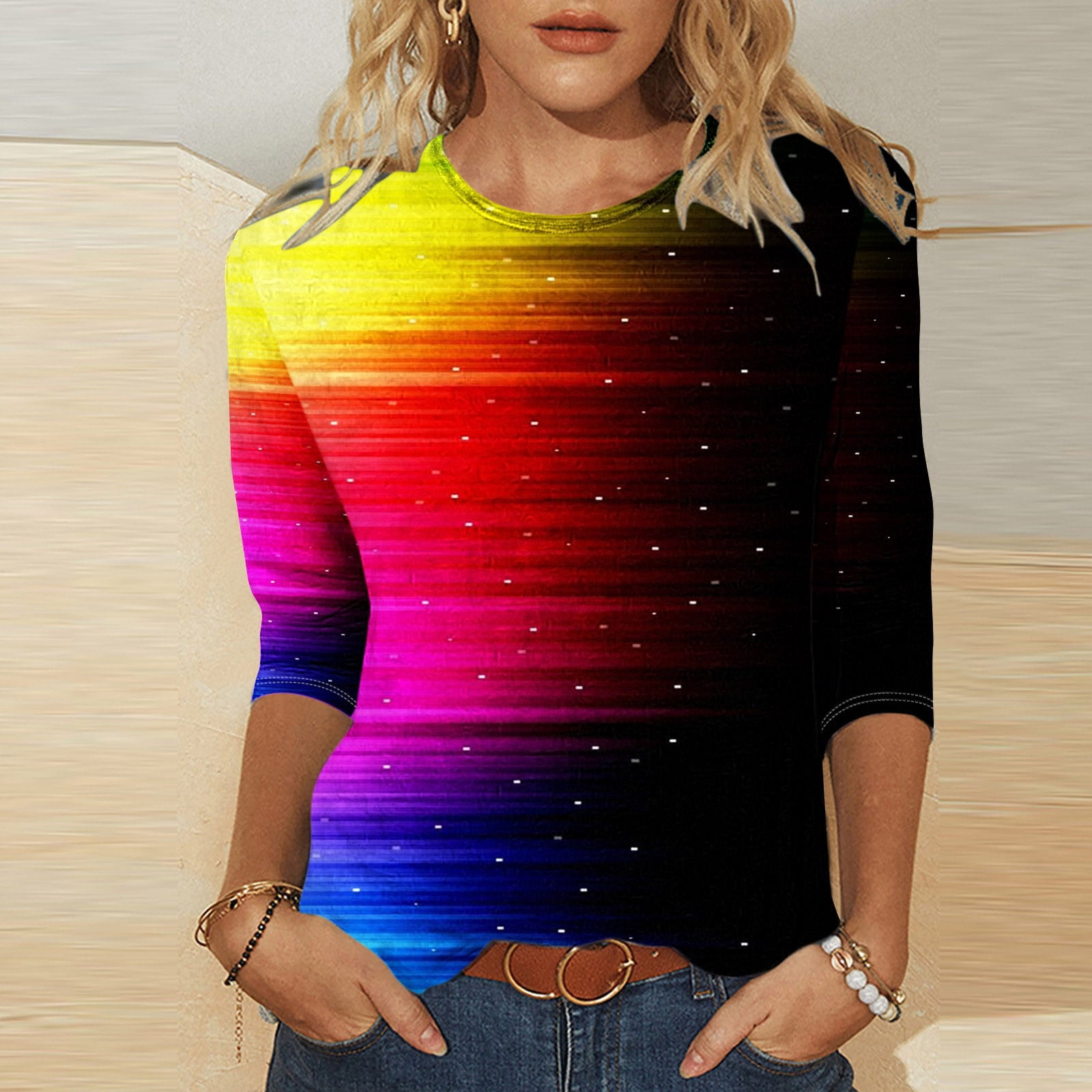 OKBOP Ladies Tops and Blouses 3/4 Sleeve Graphic Crew Neck Rainbow T ...
