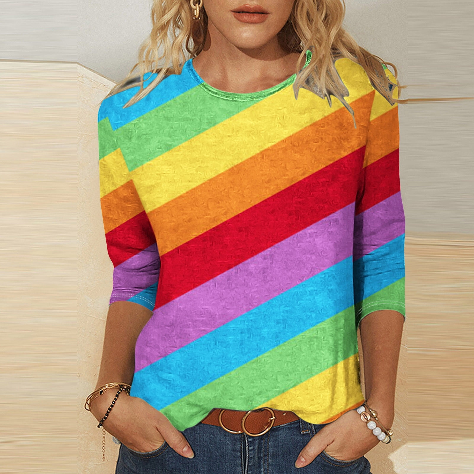OKBOP Ladies Tops and Blouses 3/4 Sleeve Striped Rainbow Crew Neck T ...