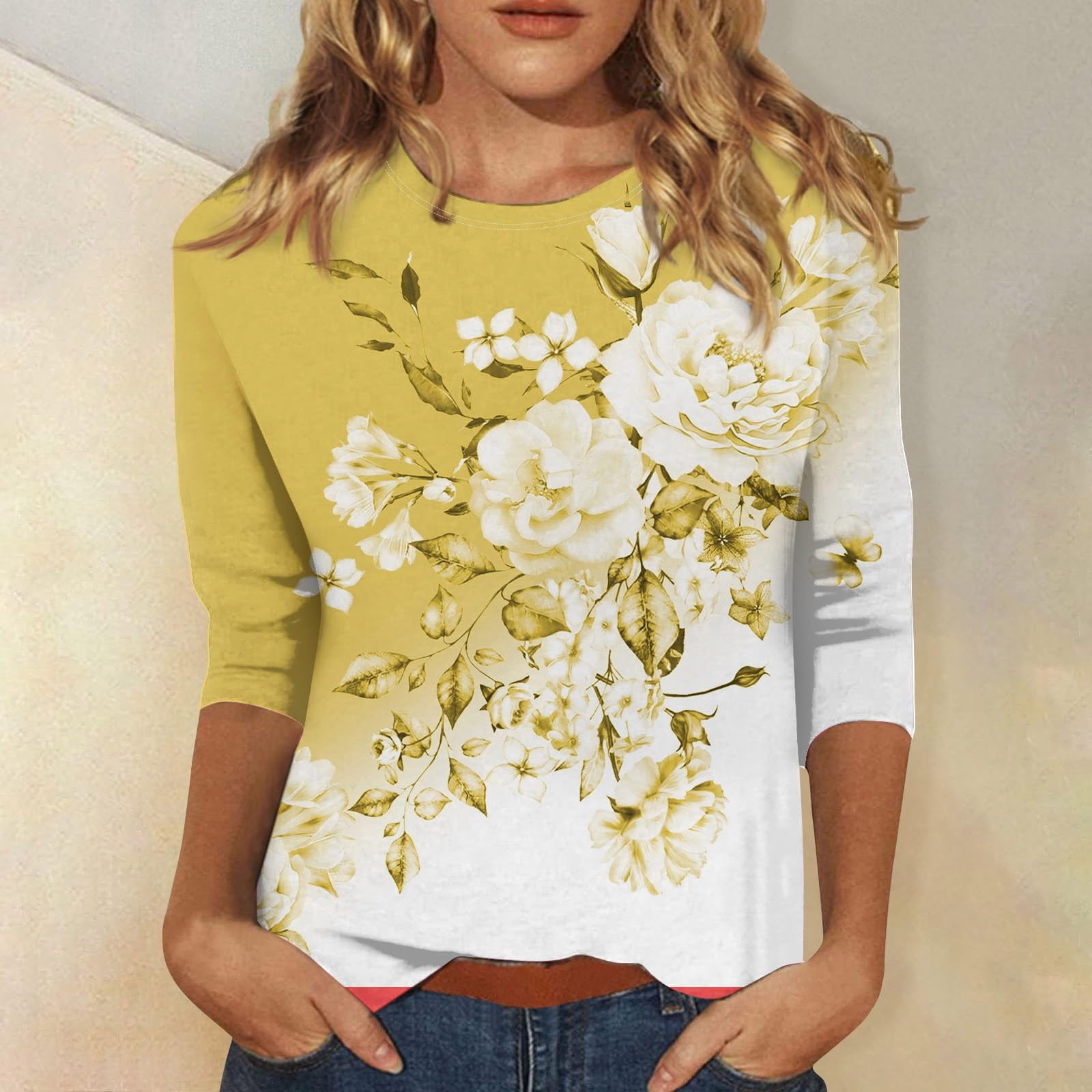 OKBOP Ladies Tops and Blouses 3/4 Sleeve Yellow Crew Neck Floral T ...