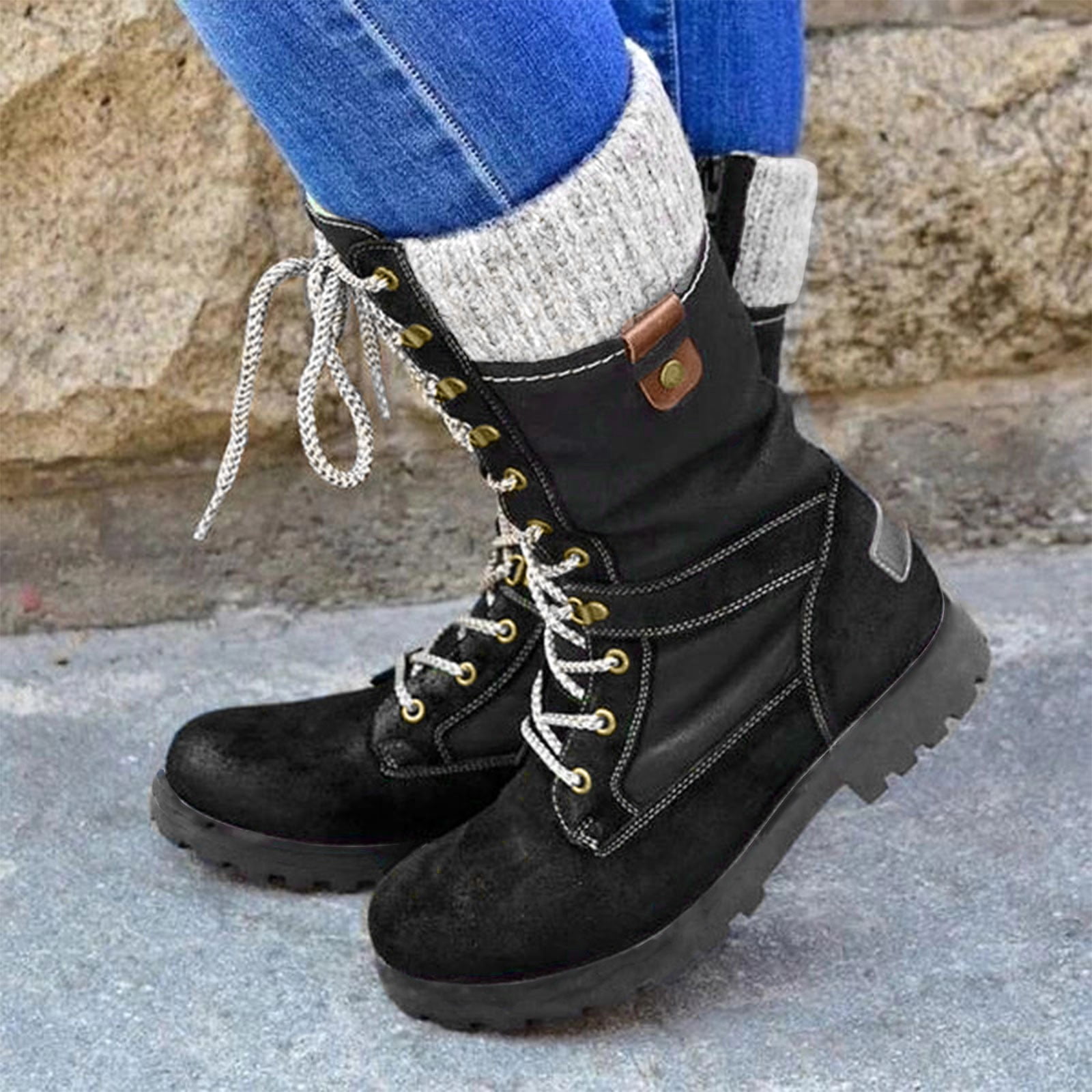 OKBOP Low Heels Shoes-Chunky Platform Boots Walking Shoes Women Vintage ...