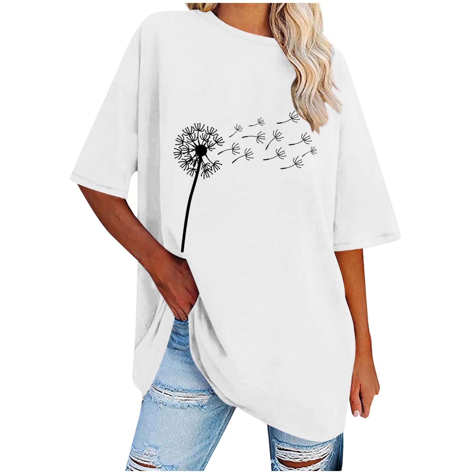 OKBOP Spring Tops for Women 2024 White Short Sleeve Crew Neck Floral ...
