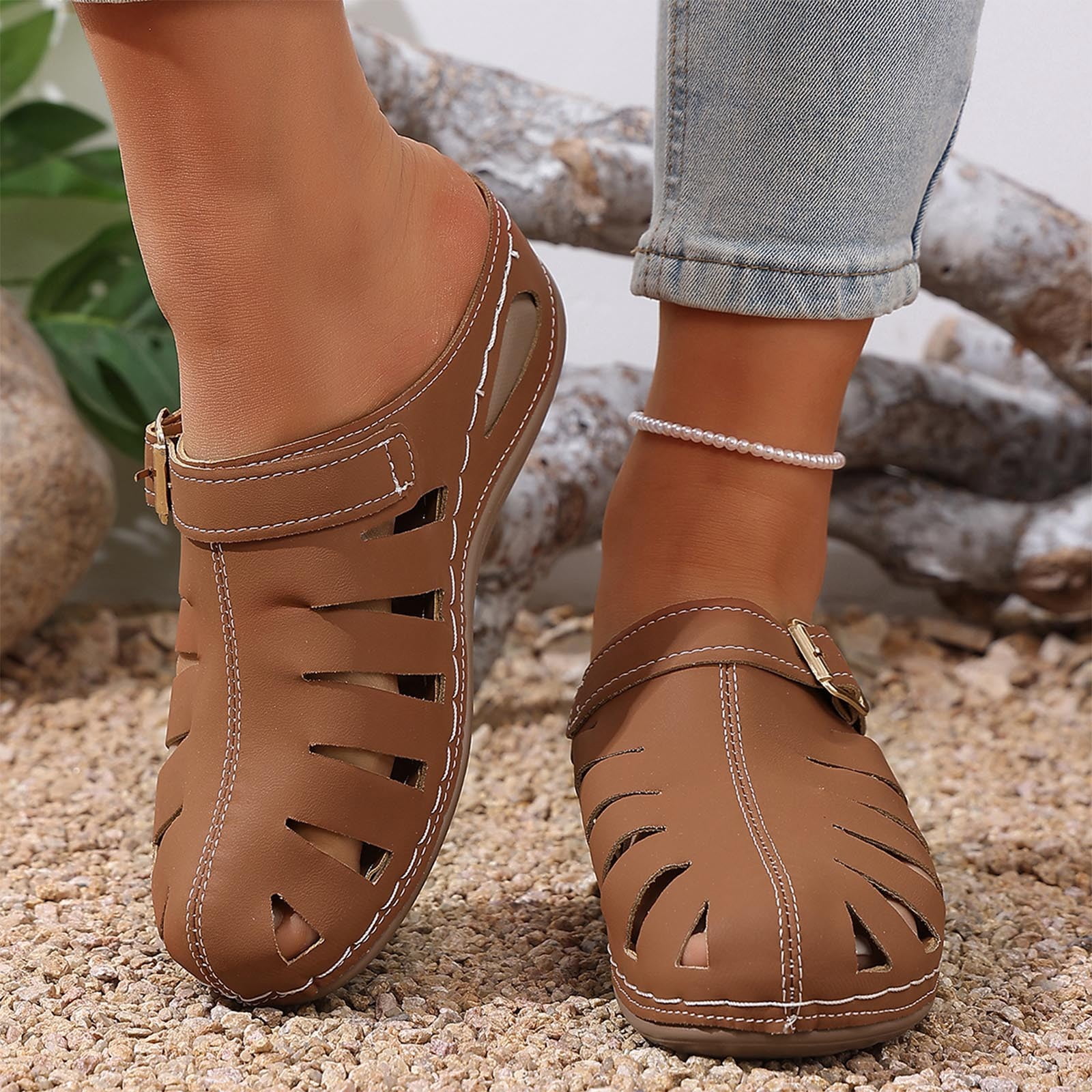 OKBOP Women Closed Toe Wedge Slip On Slide Sandals Medium Arch Support ...