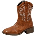 OKBOP Women's Distressed Faux Leather Mid-Calf Riding Boots, Western ...