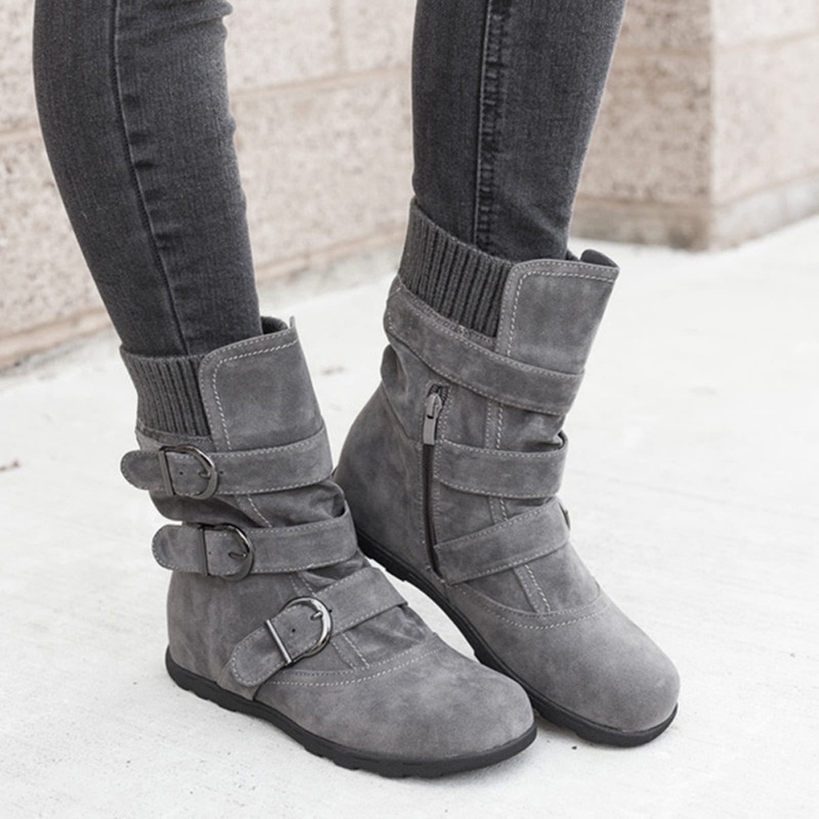 OKBOP Women's Low-heeled Ankle Boots, Zipper Winter Leather Thigh High ...