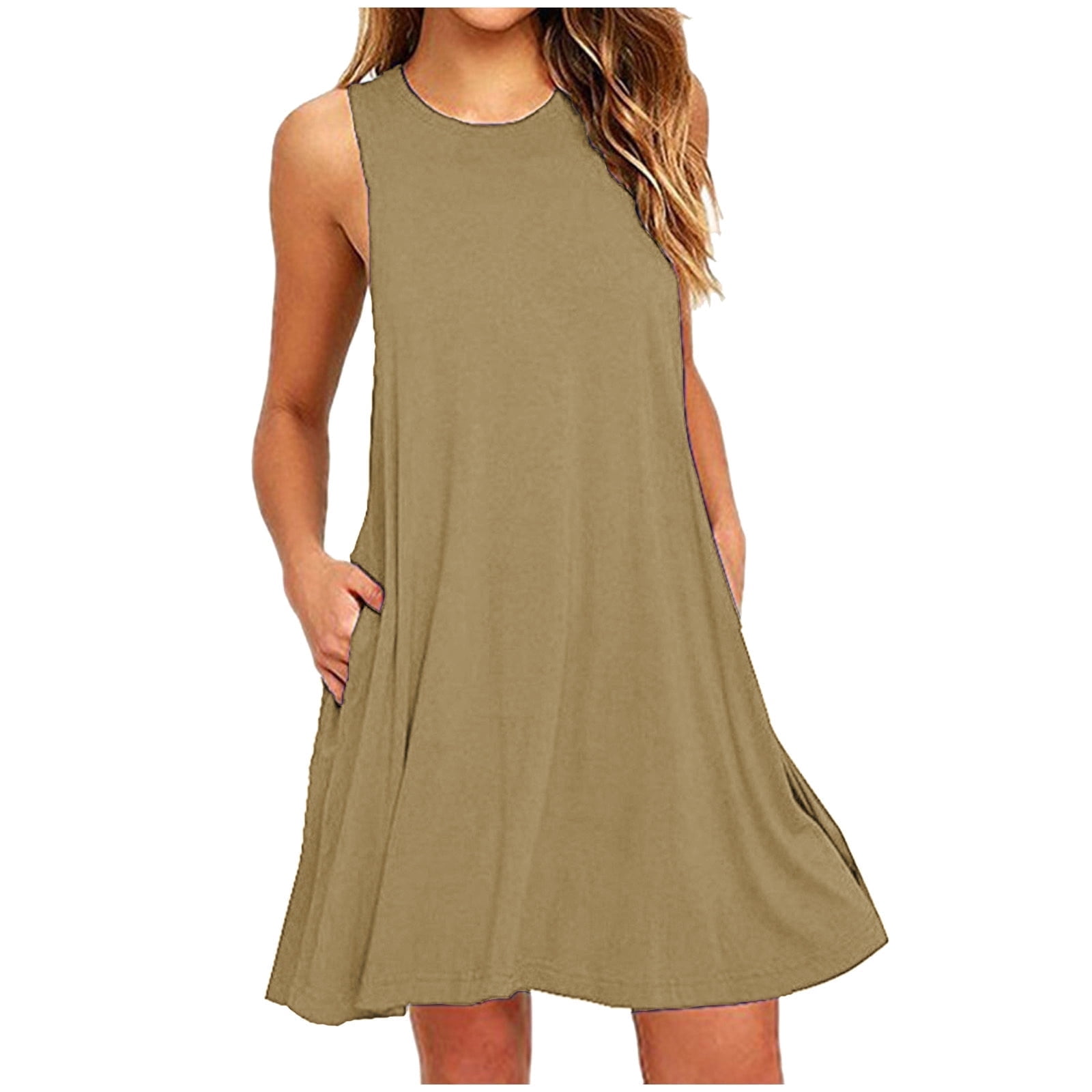 OKBOP Womens Plus Size Dresses Yellow Sleeveless Above Knee Crew Neck ...