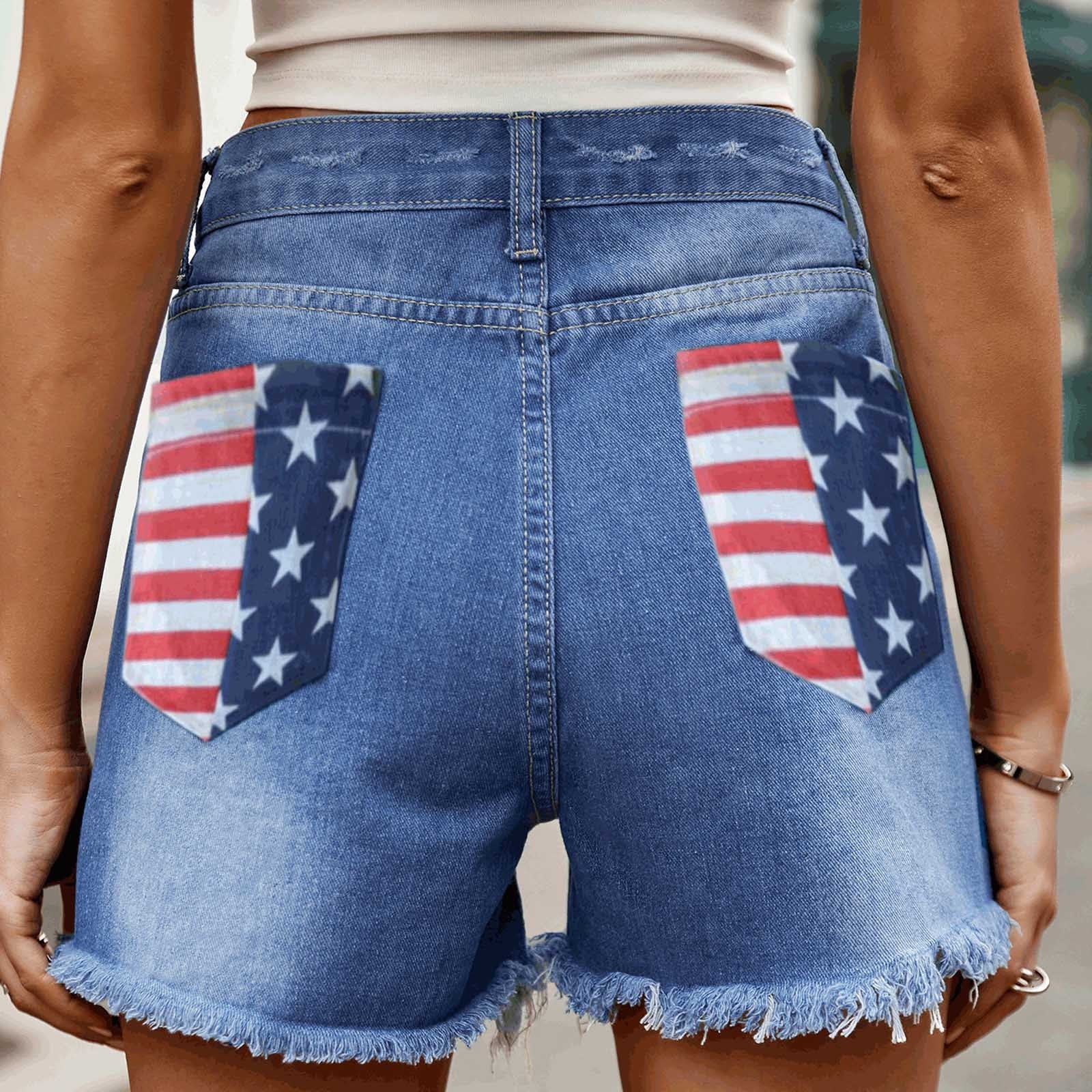 OKBOP Womens Shorts Red Ripped Independence Day Casual Relaxed Fit Wide ...