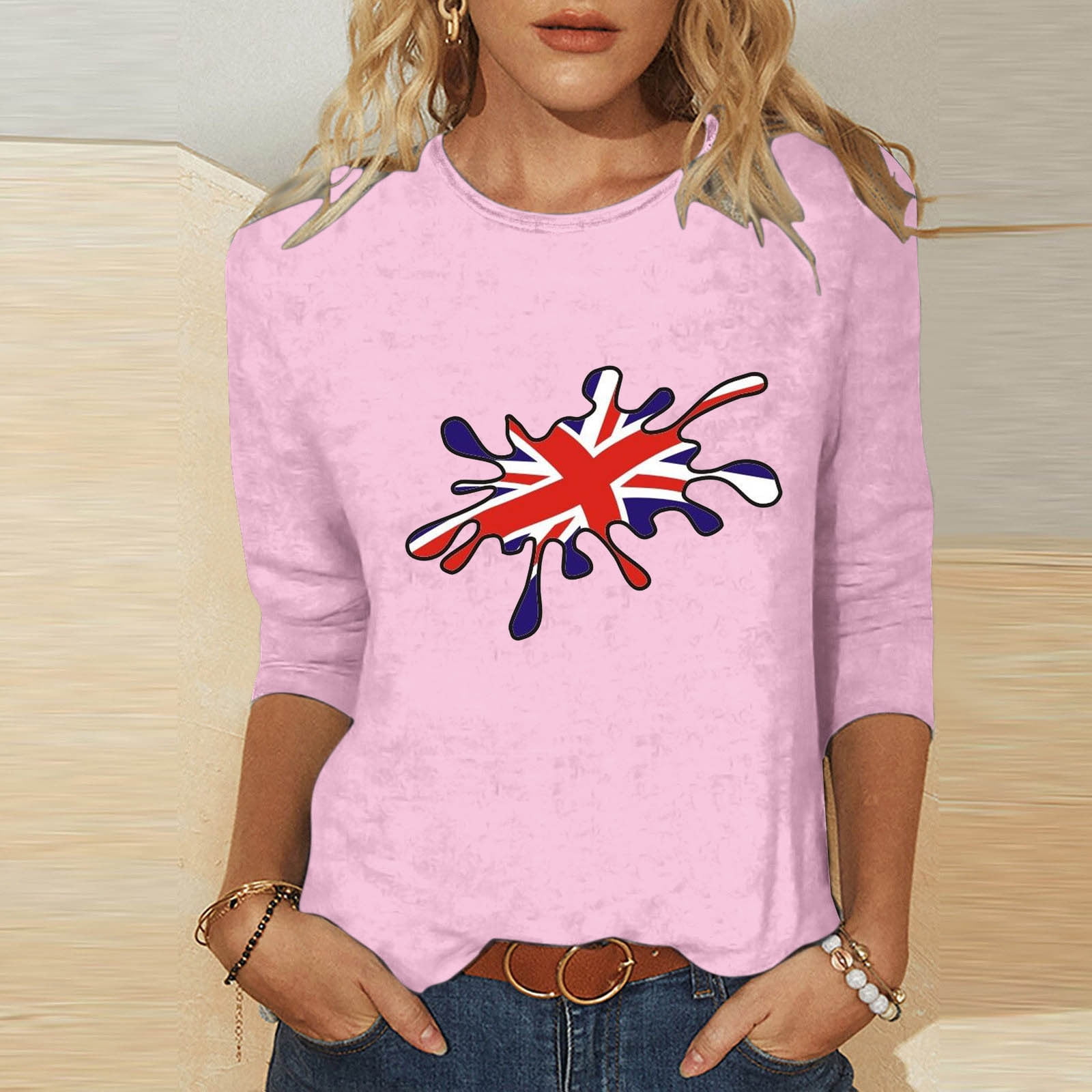 OKBOP Womens Summer Tops 3/4 Sleeve Pink Crew Neck Uk Flag T-Shirts ...